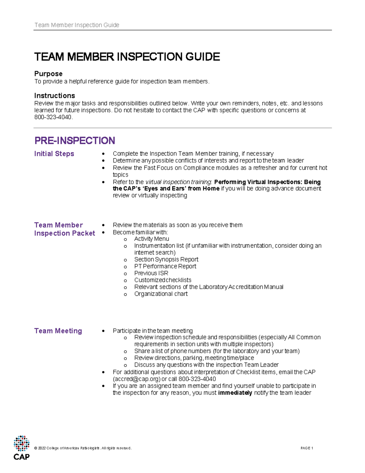 Ts-TMinspectionguide 2022 - TEAM MEMBER INSPECTION GUIDE Purpose To ...