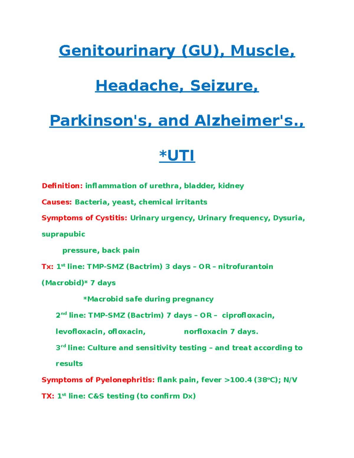 Final exam study guide 1 - Genitourinary (GU), Muscle, Headache ...