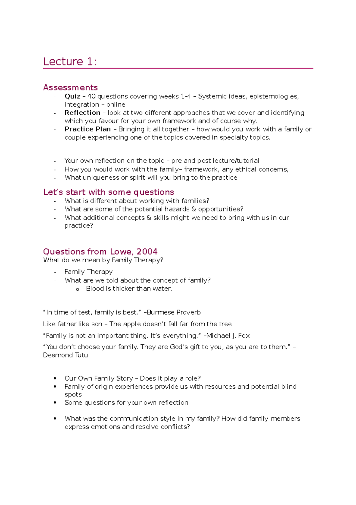 PYB359 Lectures 1-6 - Lecture 1: Assessments - Quiz – 40 questions ...