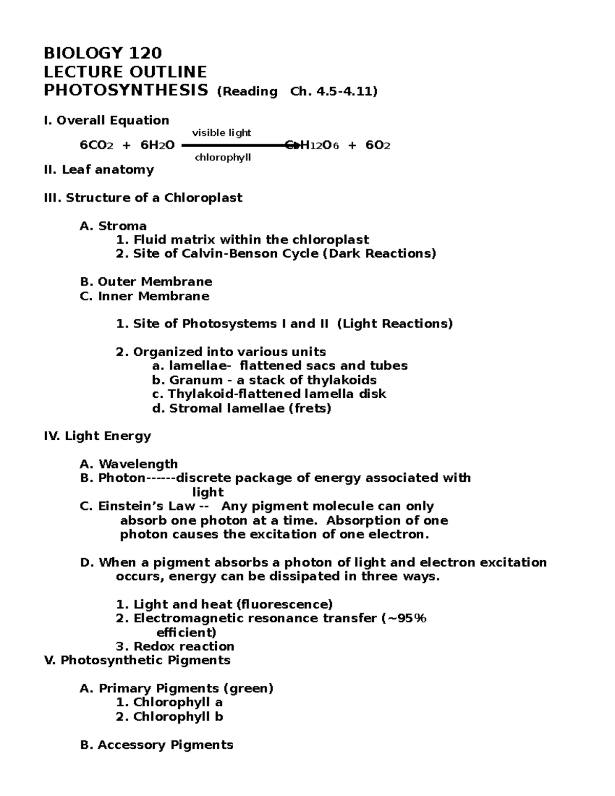 BIO120 Photsynth - notes - BIOLOGY 120 LECTURE OUTLINE PHOTOSYNTHESIS ...