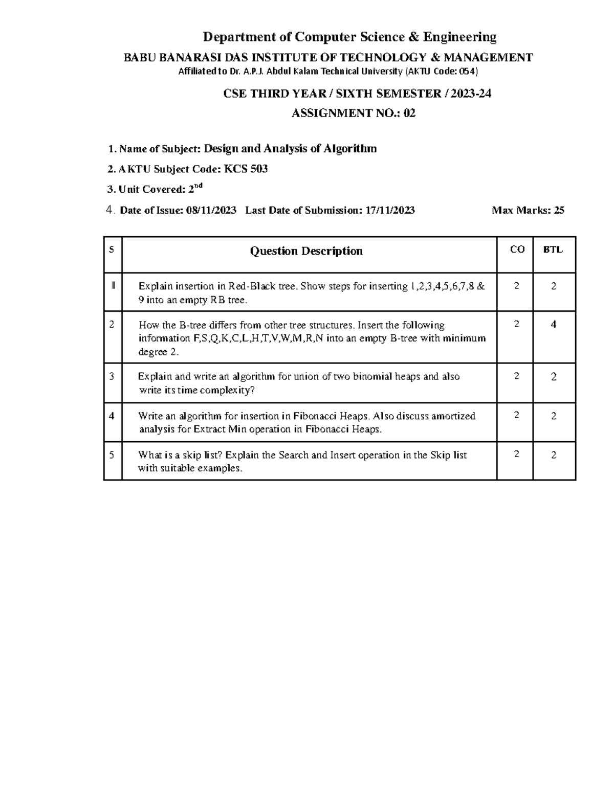DAA Assignment 2 - Department of Computer Science & Engineering BABU BANARASI DAS INSTITUTE OF ...
