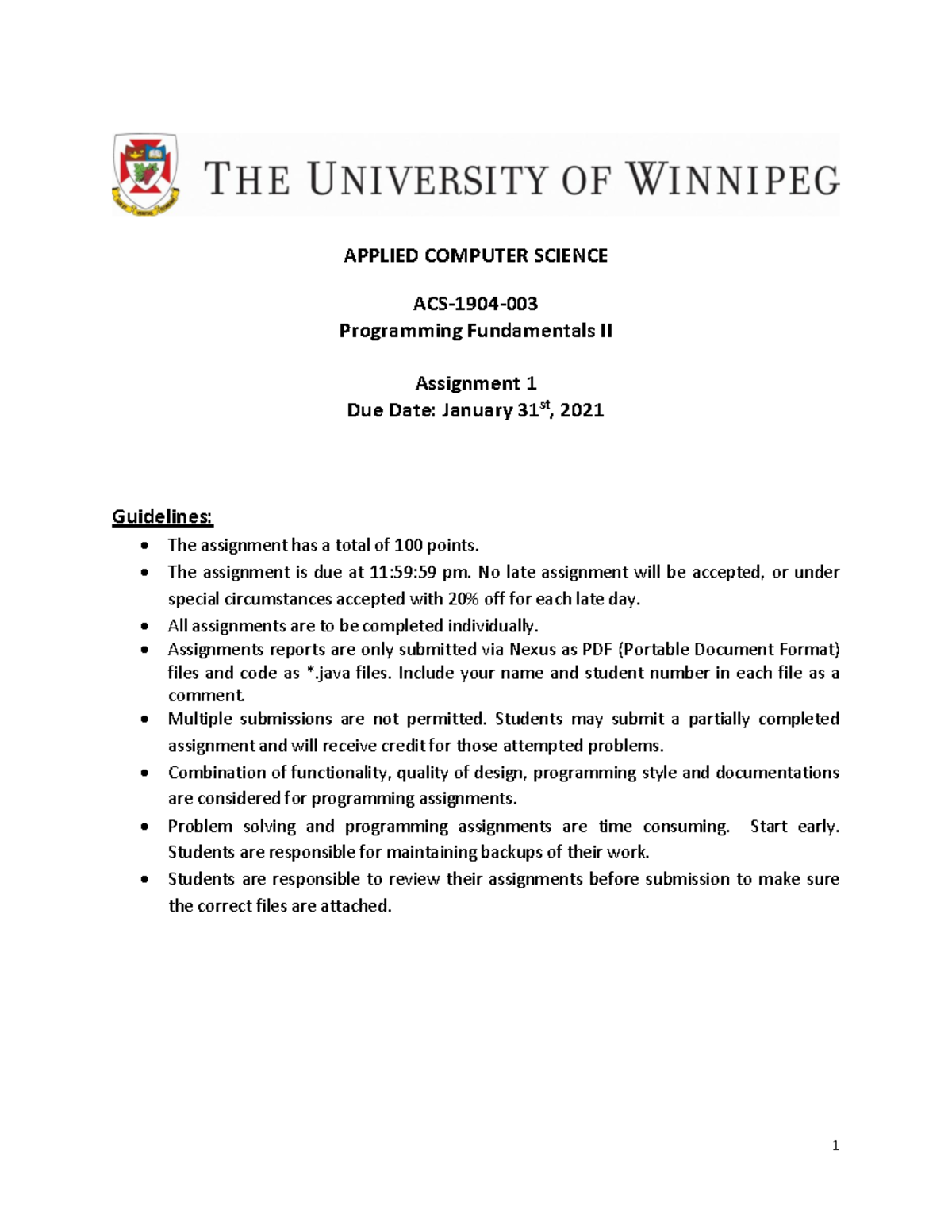 ACS-1904-003 Assignment 1 - 1 APPLIED COMPUTER SCIENCE ACS-1904- Programming Fundamentals II ...