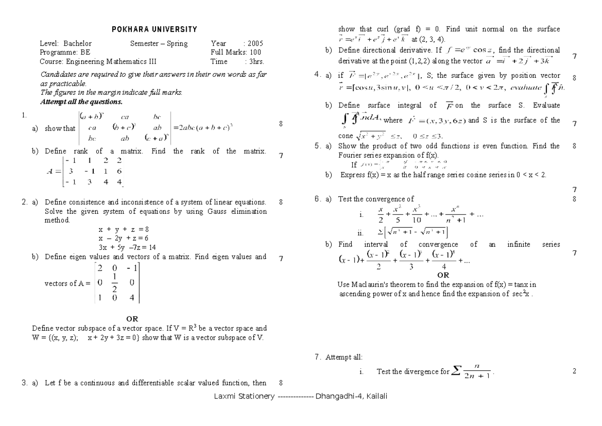Engineering Mathematics III sp 2005 - POKHARA UNIVERSITY Level ...