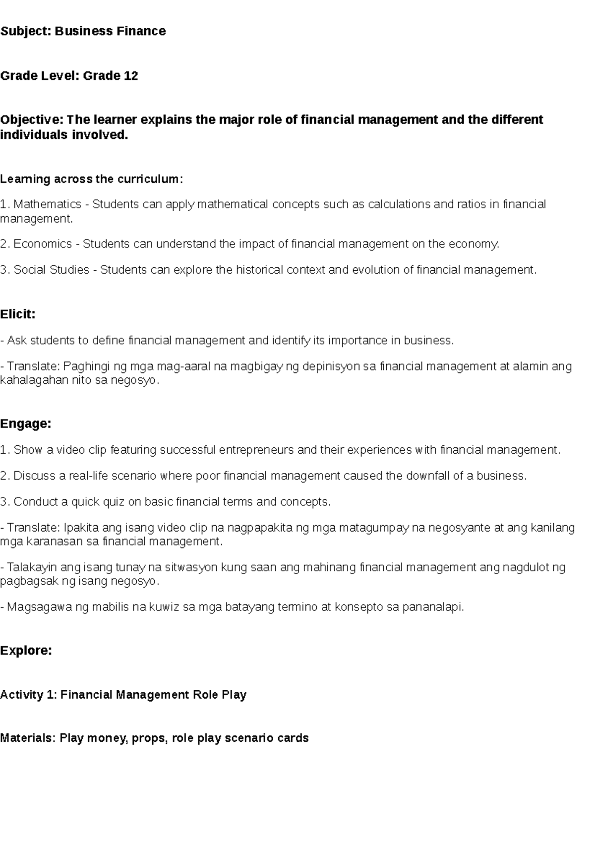 Lesson plan - dll - Subject: Business Finance Grade Level: Grade 12 ...