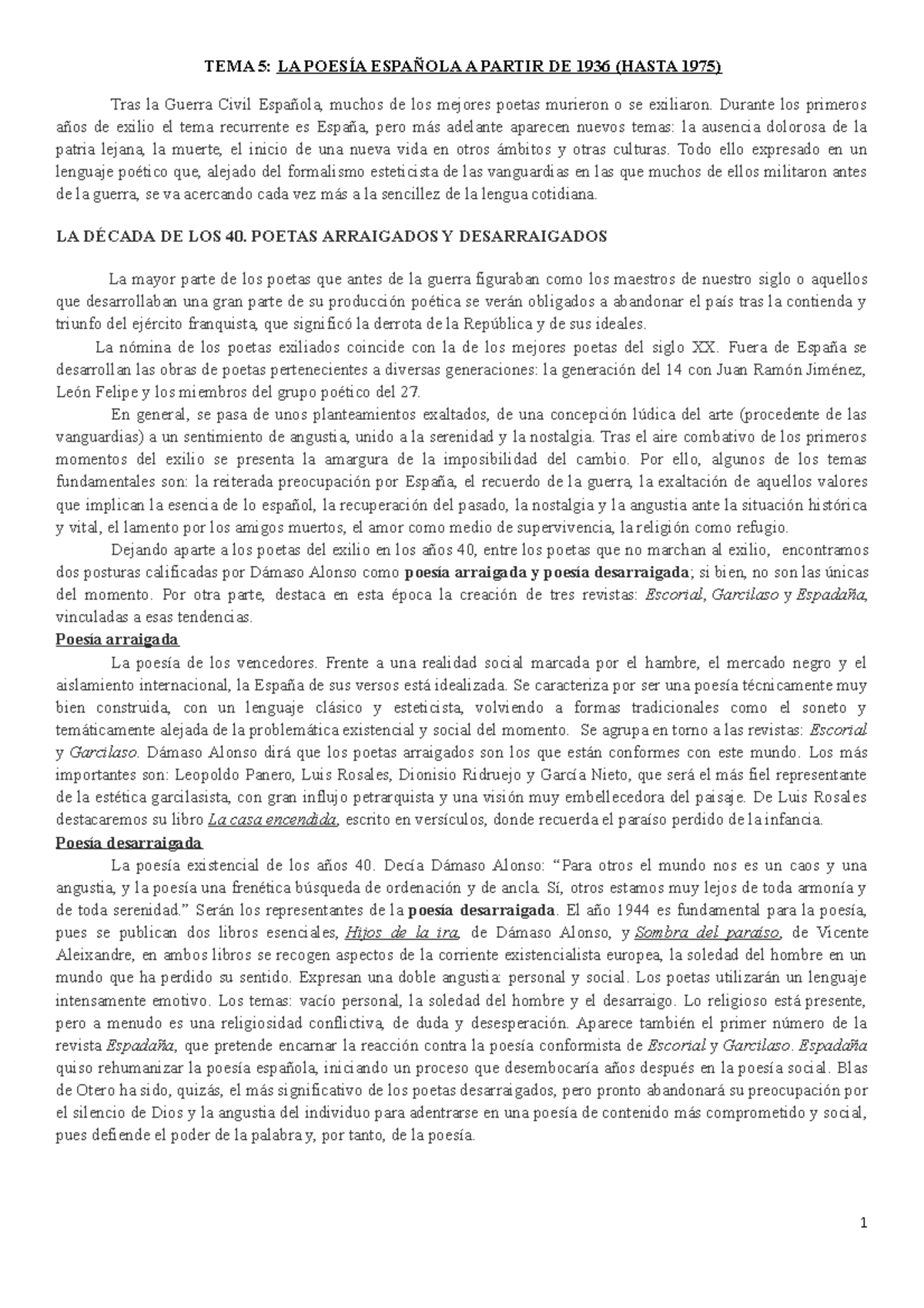 TEMA 5 LA Poesía Española A Partir DE 1936 ( Hasta 1975) 2021 - TEMA 5 ...