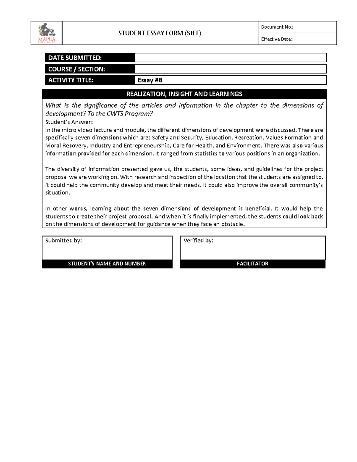 CWTS101 E8 - Essay 8 - STUDENT ESSAY FORM (StEF) Document No ...