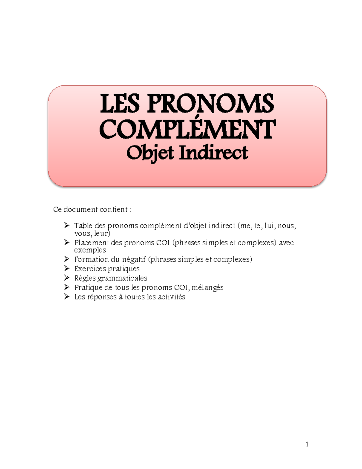 Pronoms indirects package - Ce document contient : 𓴀 Table des pronoms ...