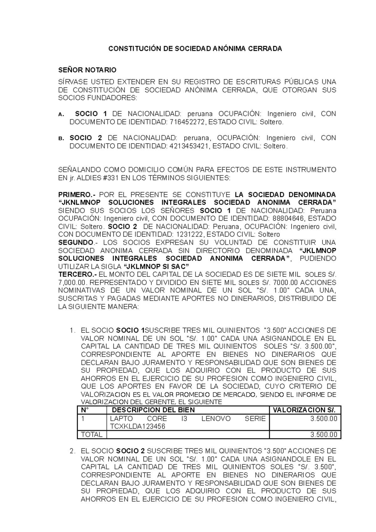 Minuta acta de Constitucion DE Empresa Sociedad Anonima Cerrada - CONSTITUCIÓN DE SOCIEDAD ...