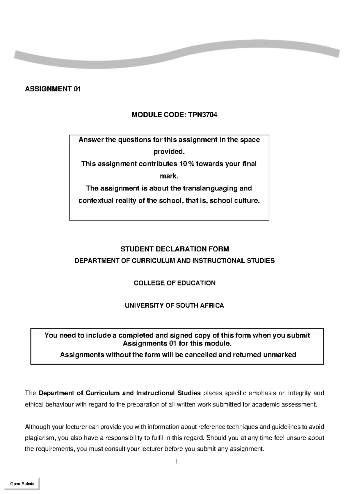 TPN3704 Assignment 1 - Copy - 1 ASSIGNMENT 01 MODULE CODE: TPN STUDENT DECLARATION FORM ...