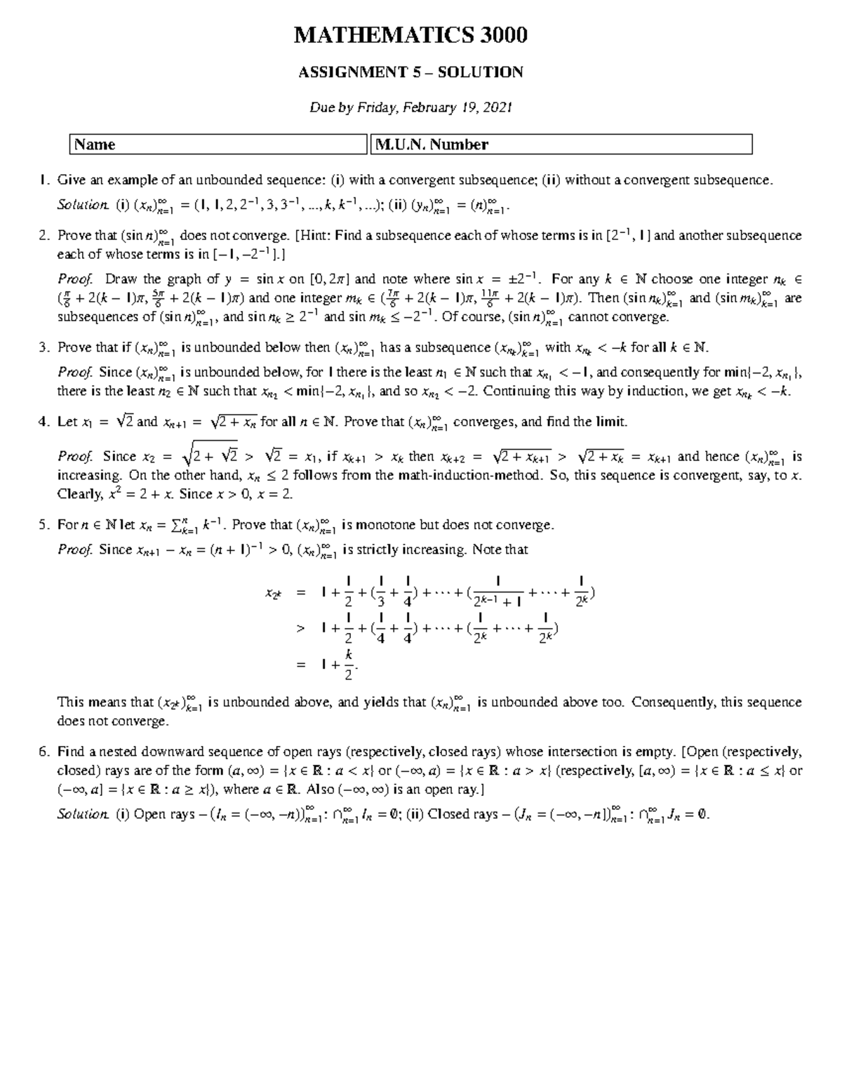 Assignment5 Solution Math 3000 - MATHEMATICS 3000 ASSIGNMENT 5 ...