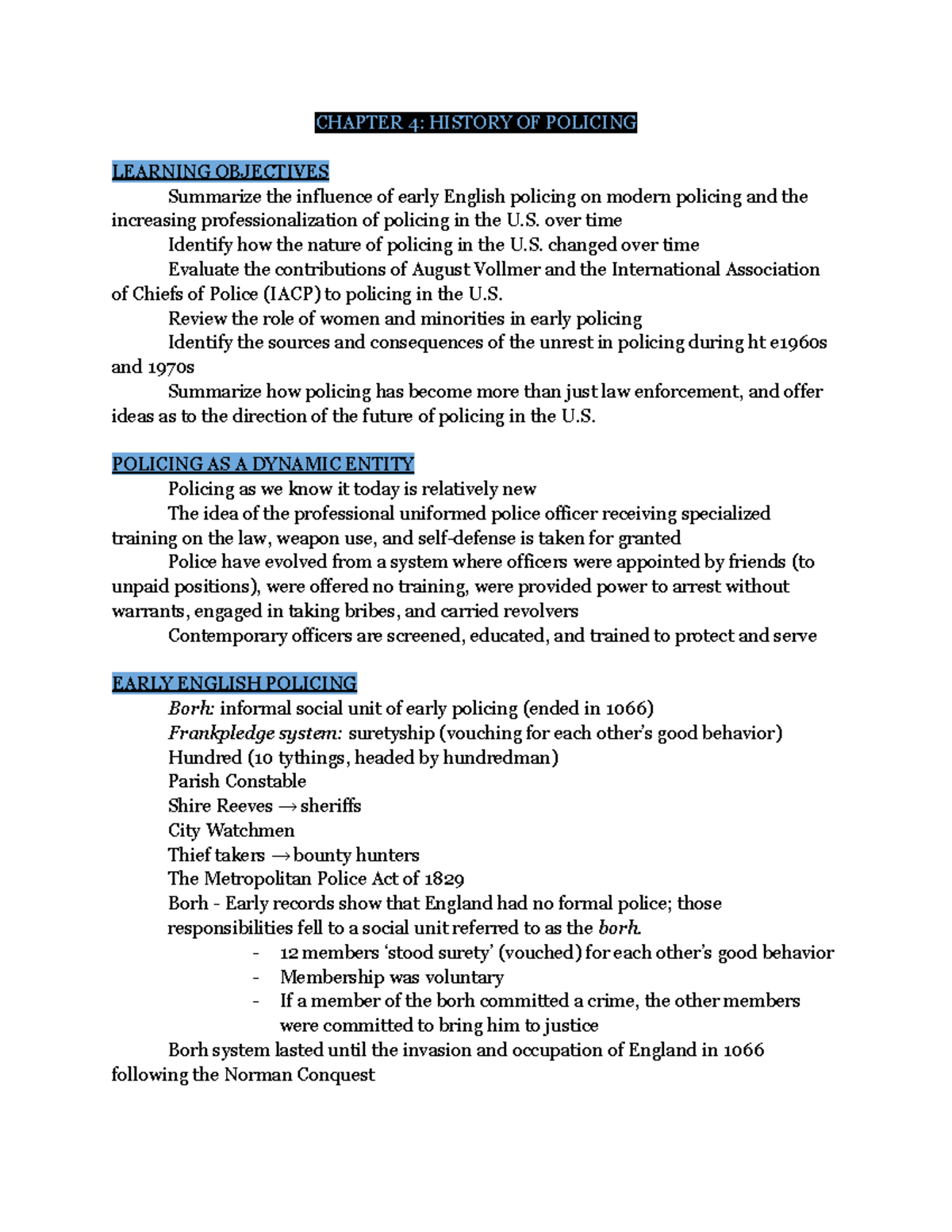 CCJ 101: History of Policing - CHAPTER 4: HISTORY OF POLICING LEARNING ...