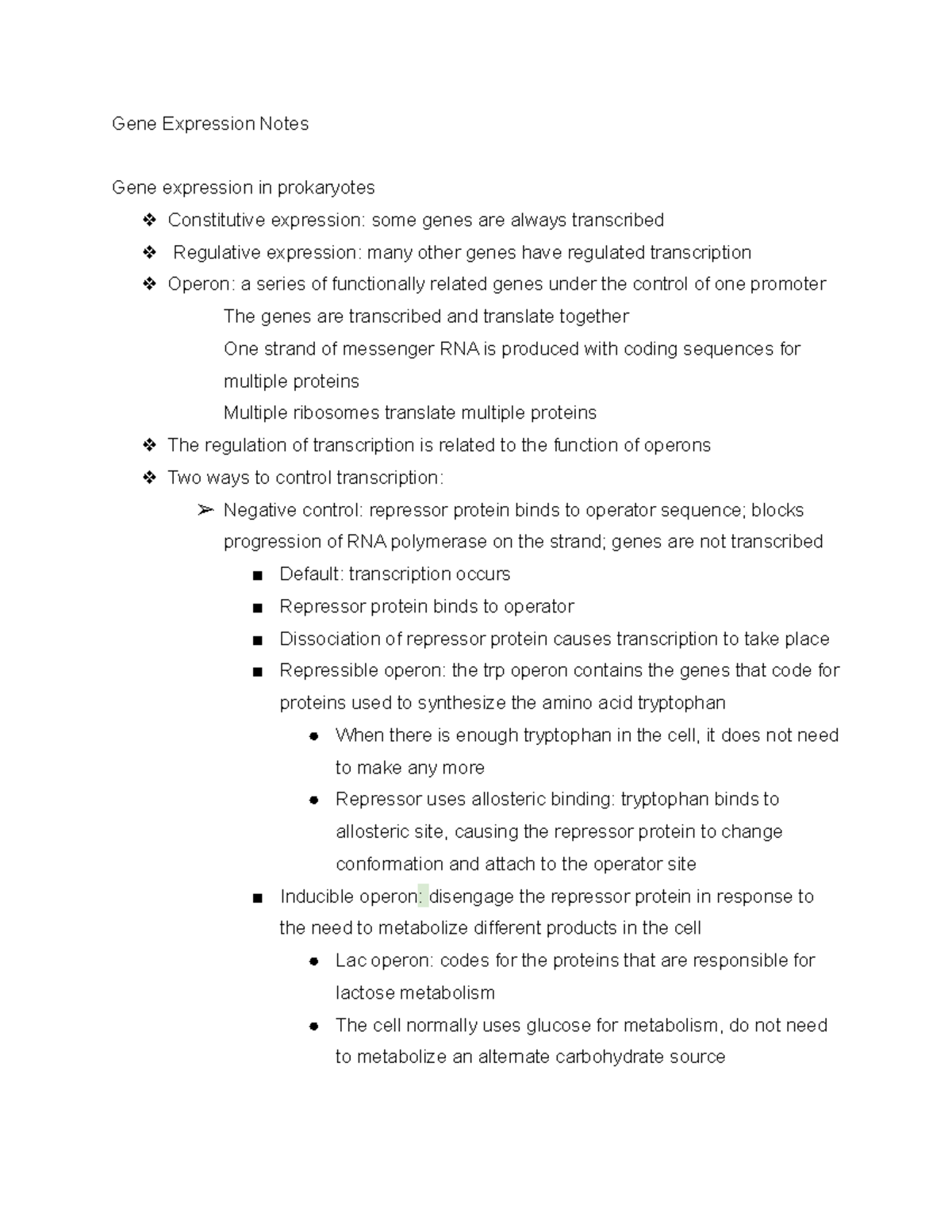 Gene Expression Notes - positive control, negative control, operons ...