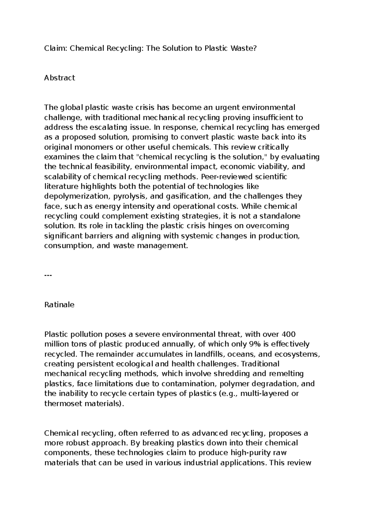 Mary Research Essay Chemical Recycling - Claim: Chemical Recycling: The ...