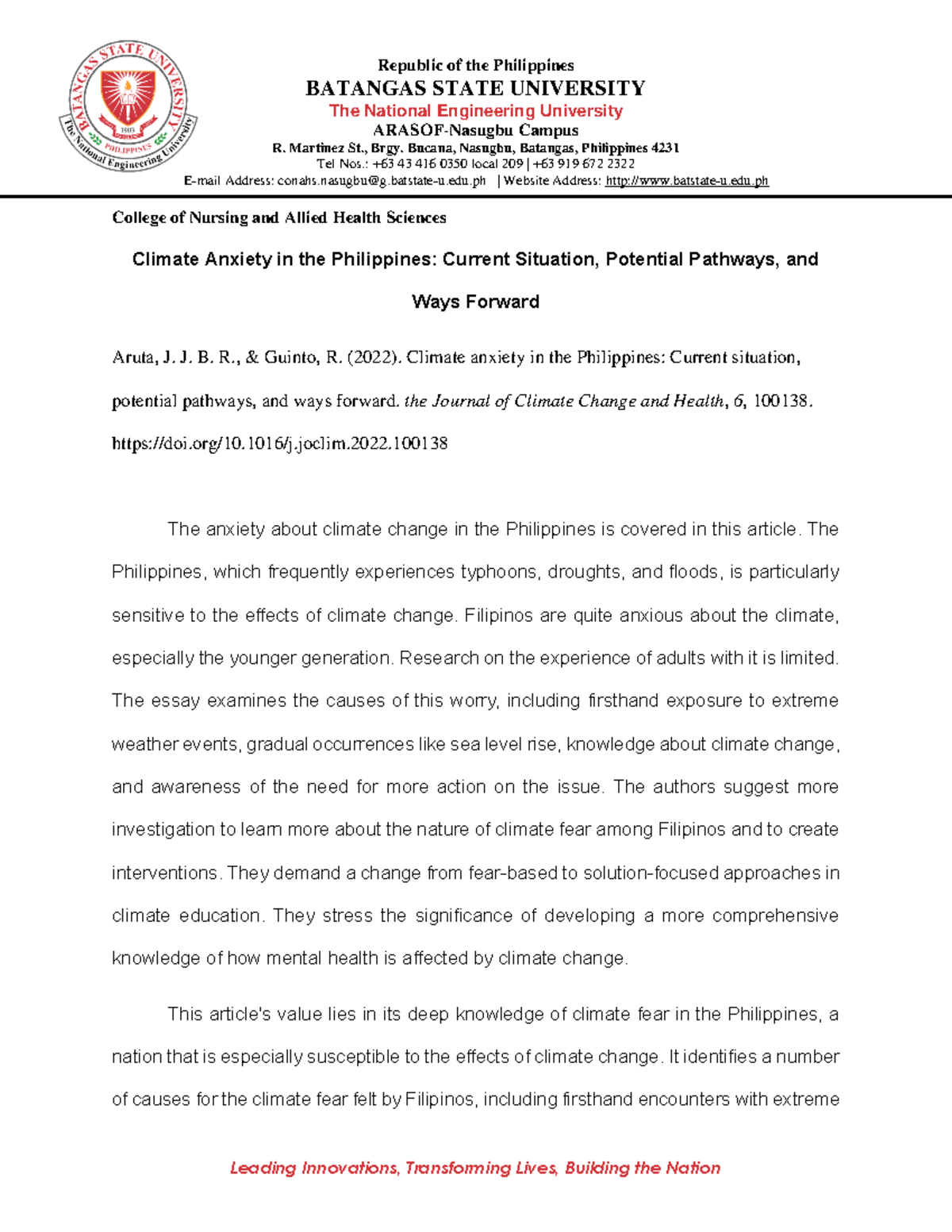 Article- Review NCM-117 2nd-Sem - Republic of the Philippines BATANGAS STATE UNIVERSITY The ...