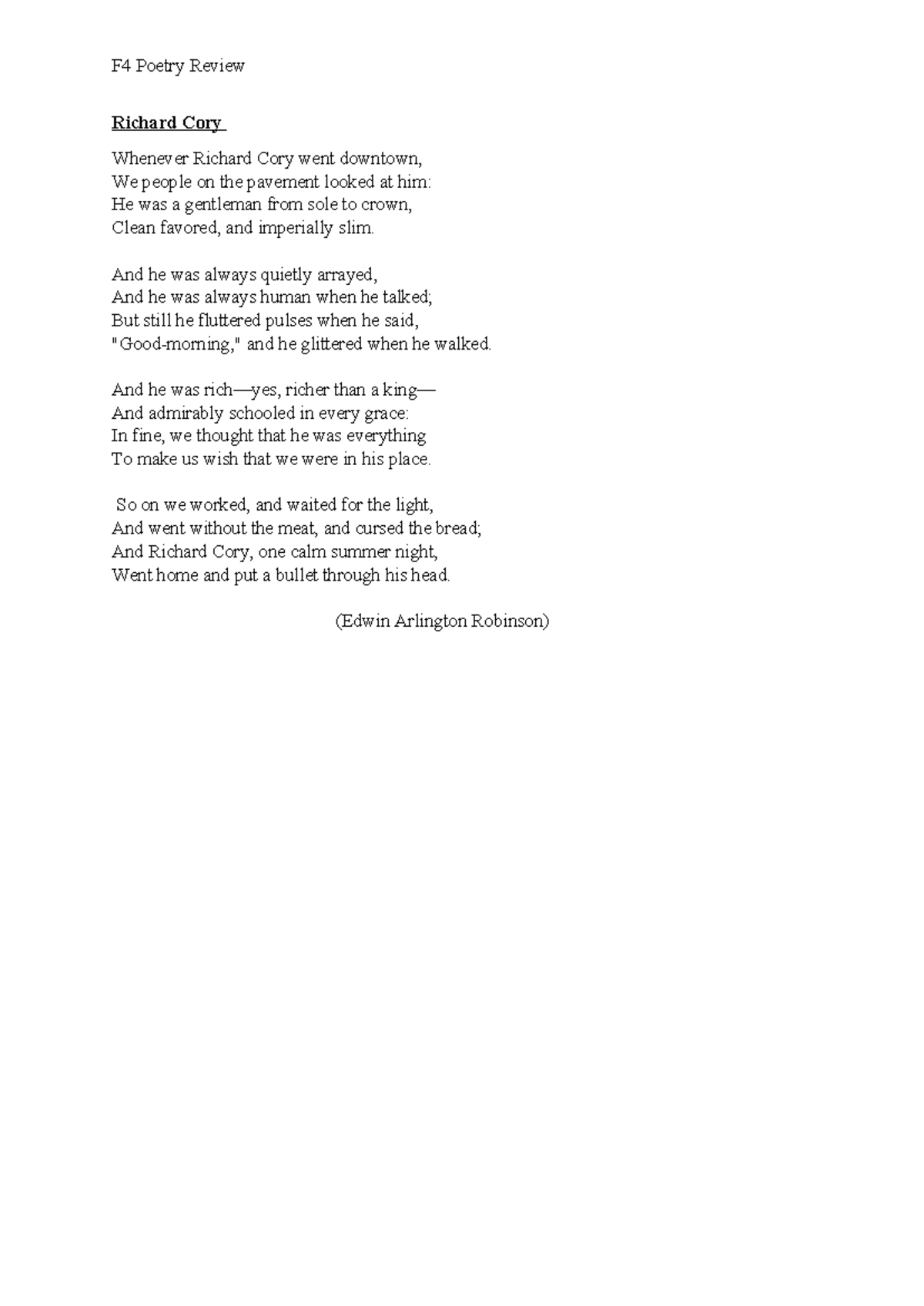 Richard Cory - good - F4 Poetry Review Richard Cory Whenever Richard ...