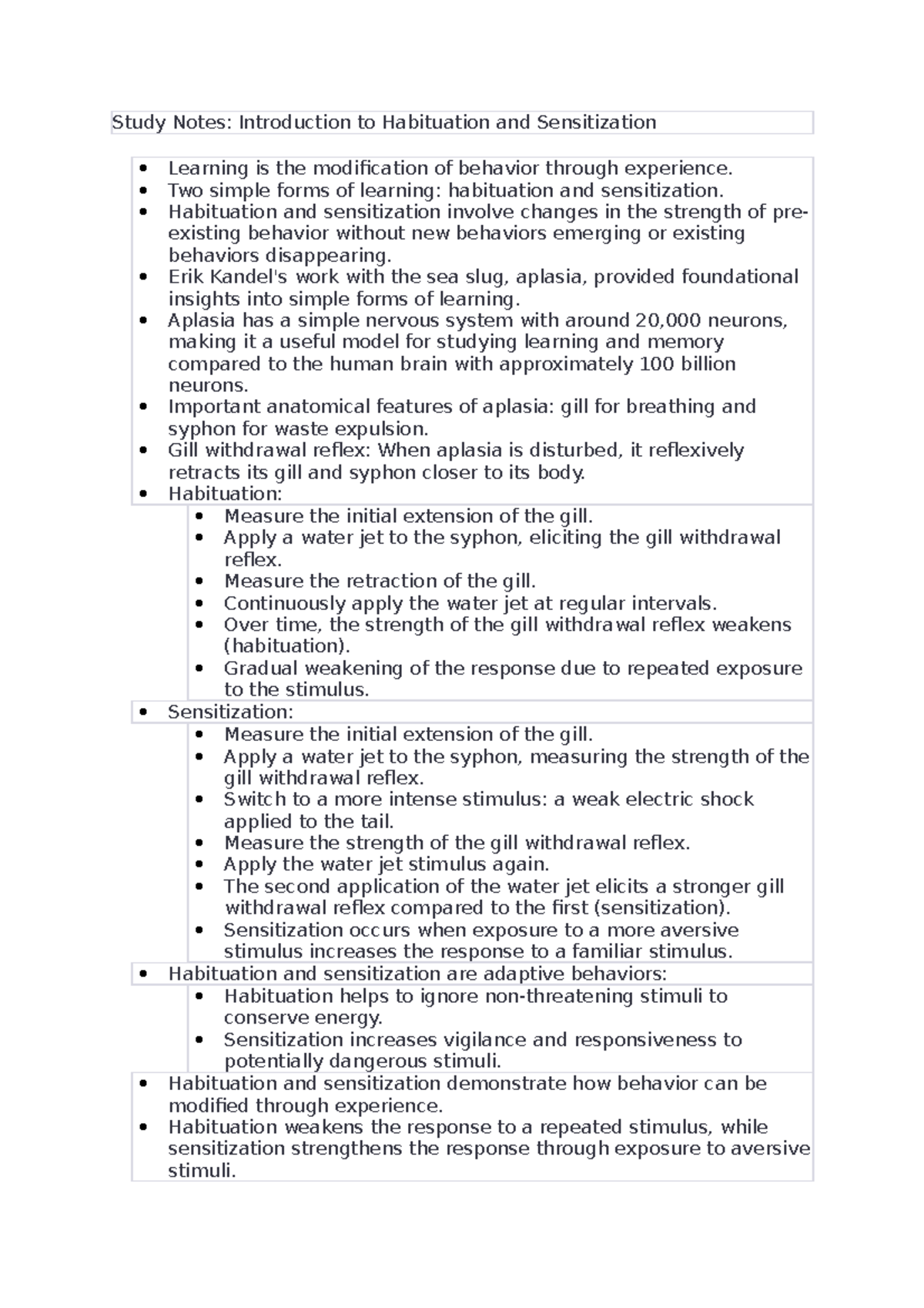 Neuro 1020 module 5 notes - Study Notes: Introduction to Habituation ...