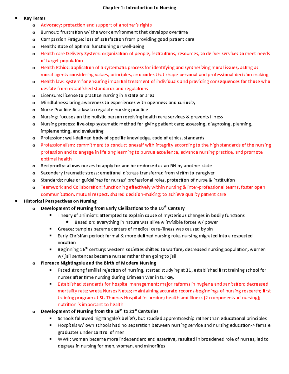 Chapter 1-Intro to Nursing - Chapter 1: Introduction to Nursing Key ...