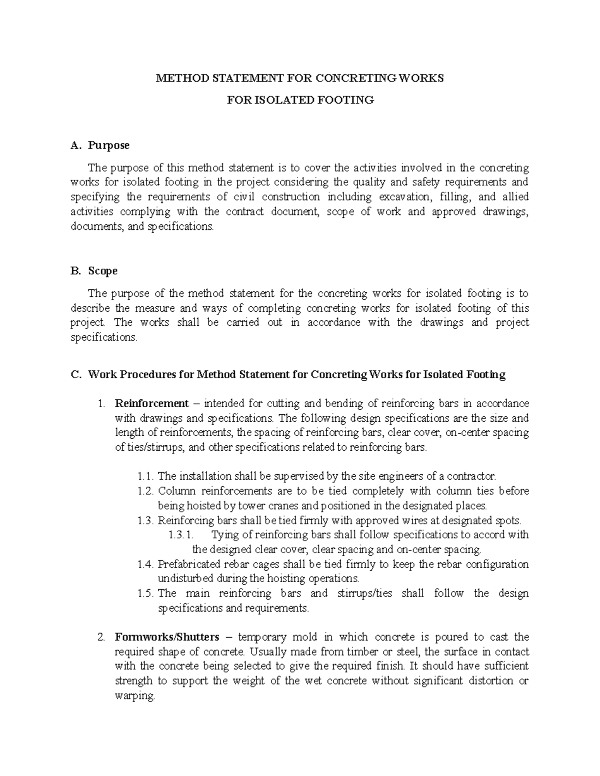 Isolated Footing - Keyan - METHOD STATEMENT FOR CONCRETING WORKS FOR ...