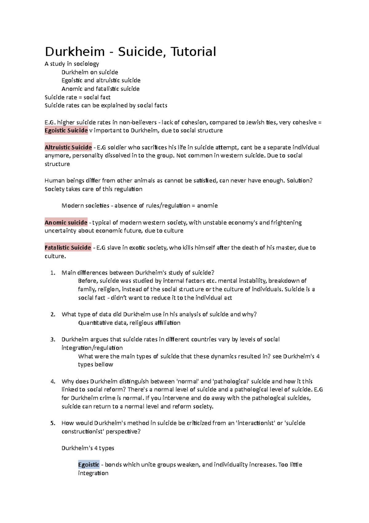 Suicide workshop - Durkheim - Suicide, Tutorial A study in sociology ...