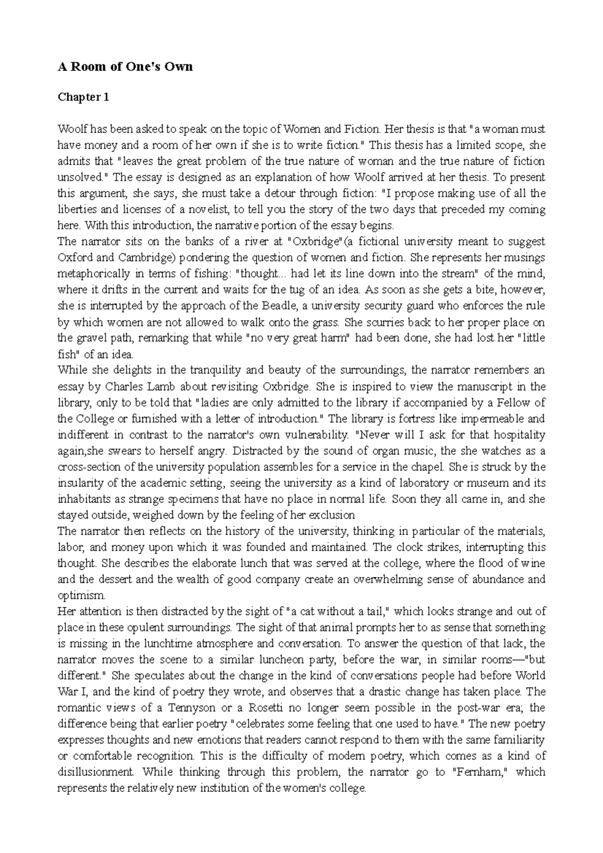 A room of one's own - A Room of Own Chapter 1 Woolf has been asked to ...