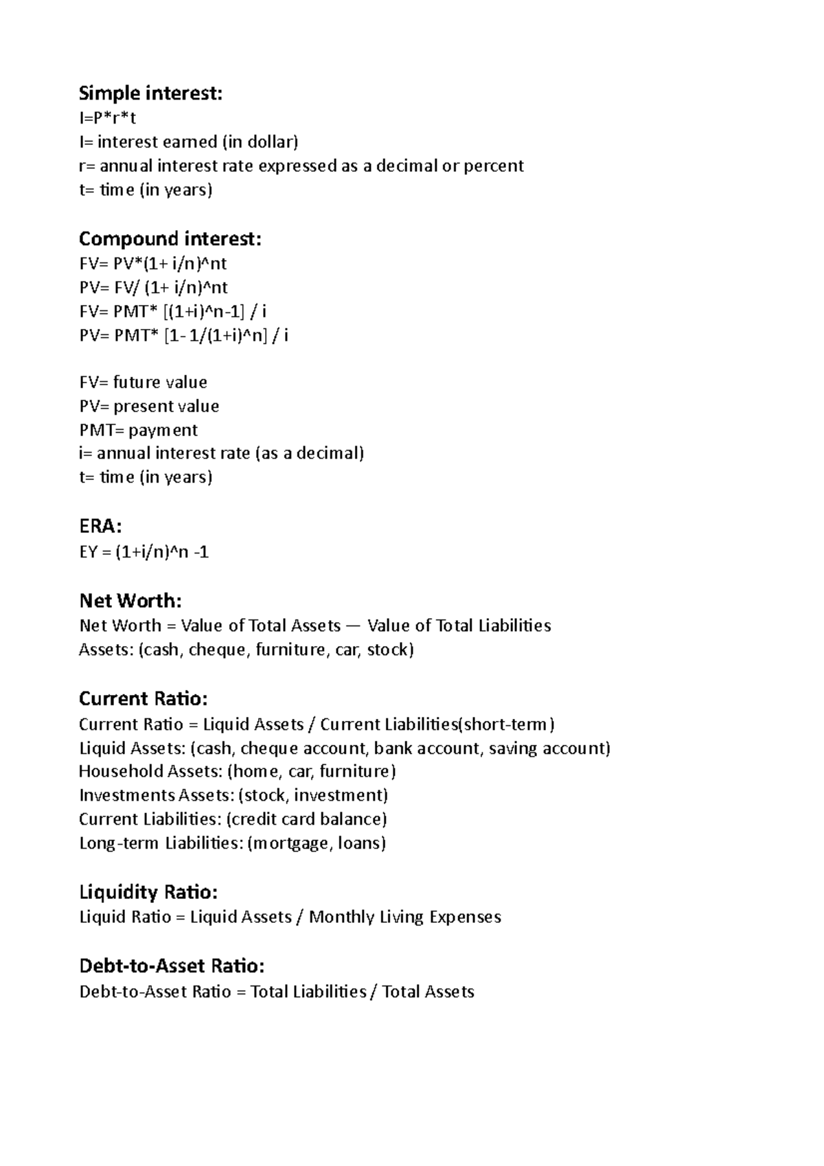 Formula - Simple interest: I=Prt I= interest earned (in dollar) r ...
