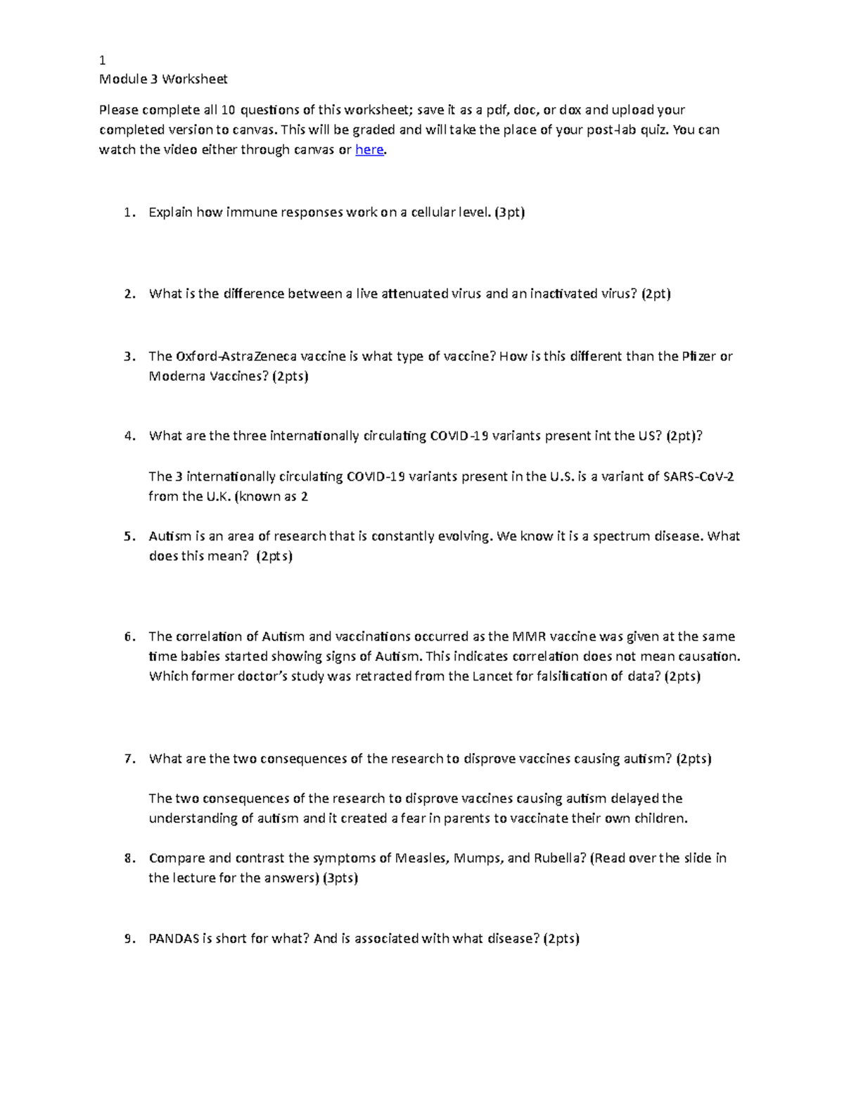 M9 Vaccine Lecture - 1 Module 3 Worksheet Please complete all 10 ...