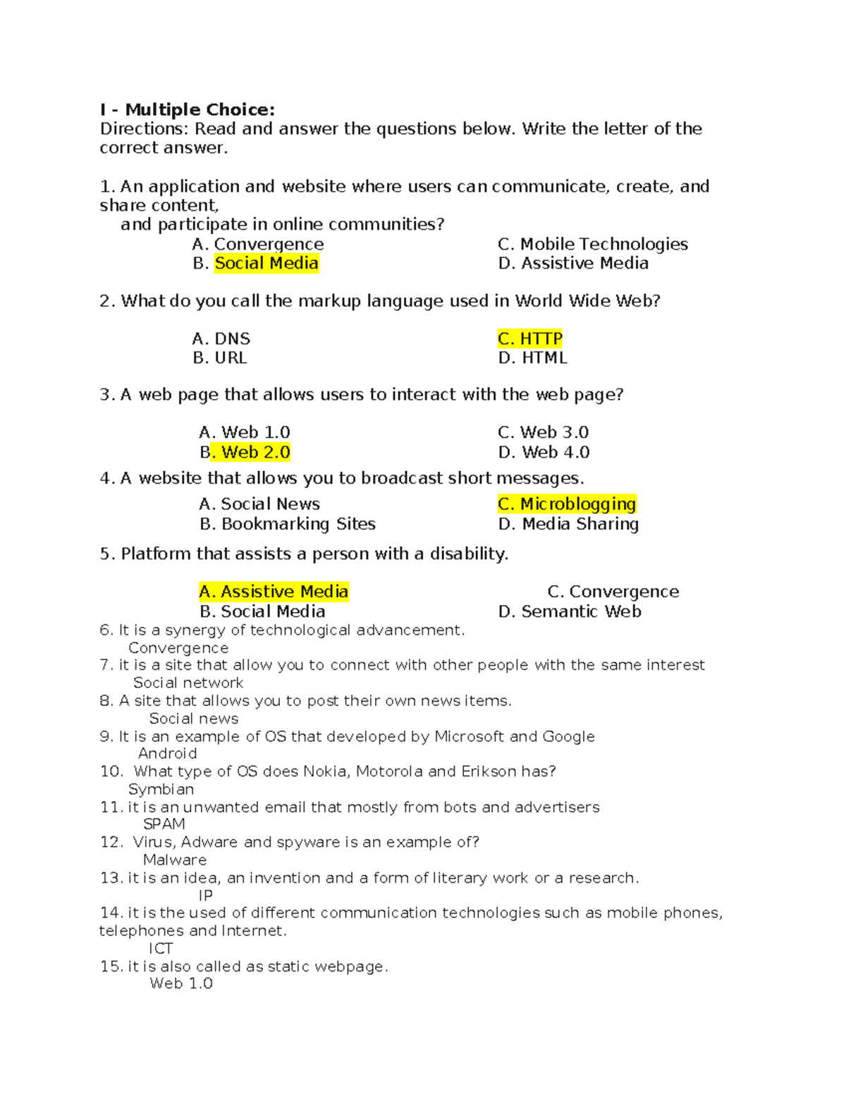 Quize 1 - reporst - I - Multiple Choice: Directions: Read and answer the questions below. Write ...