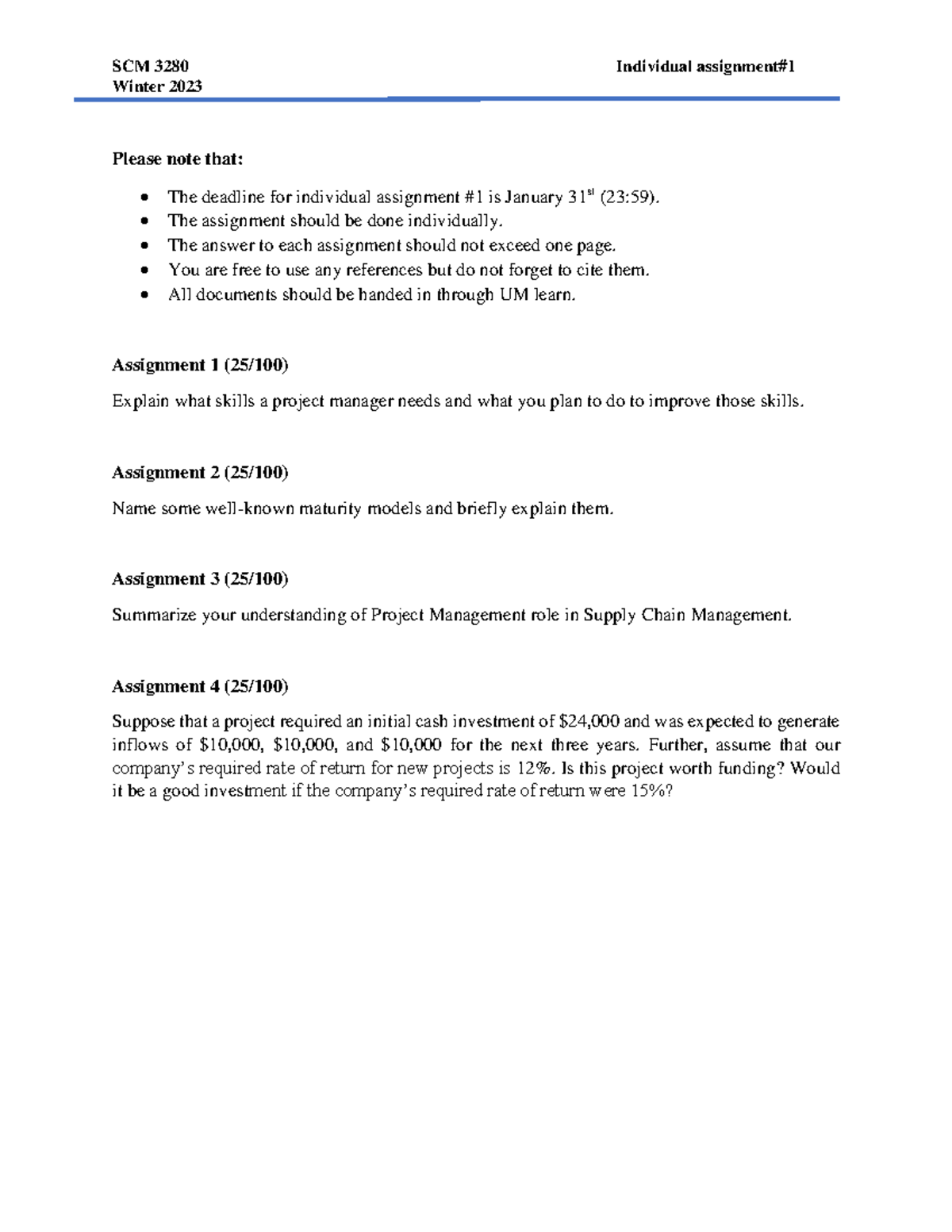 Individual assignment #1 - SCM 3280 Individual assignment# Winter 2023 Please note that: - The ...