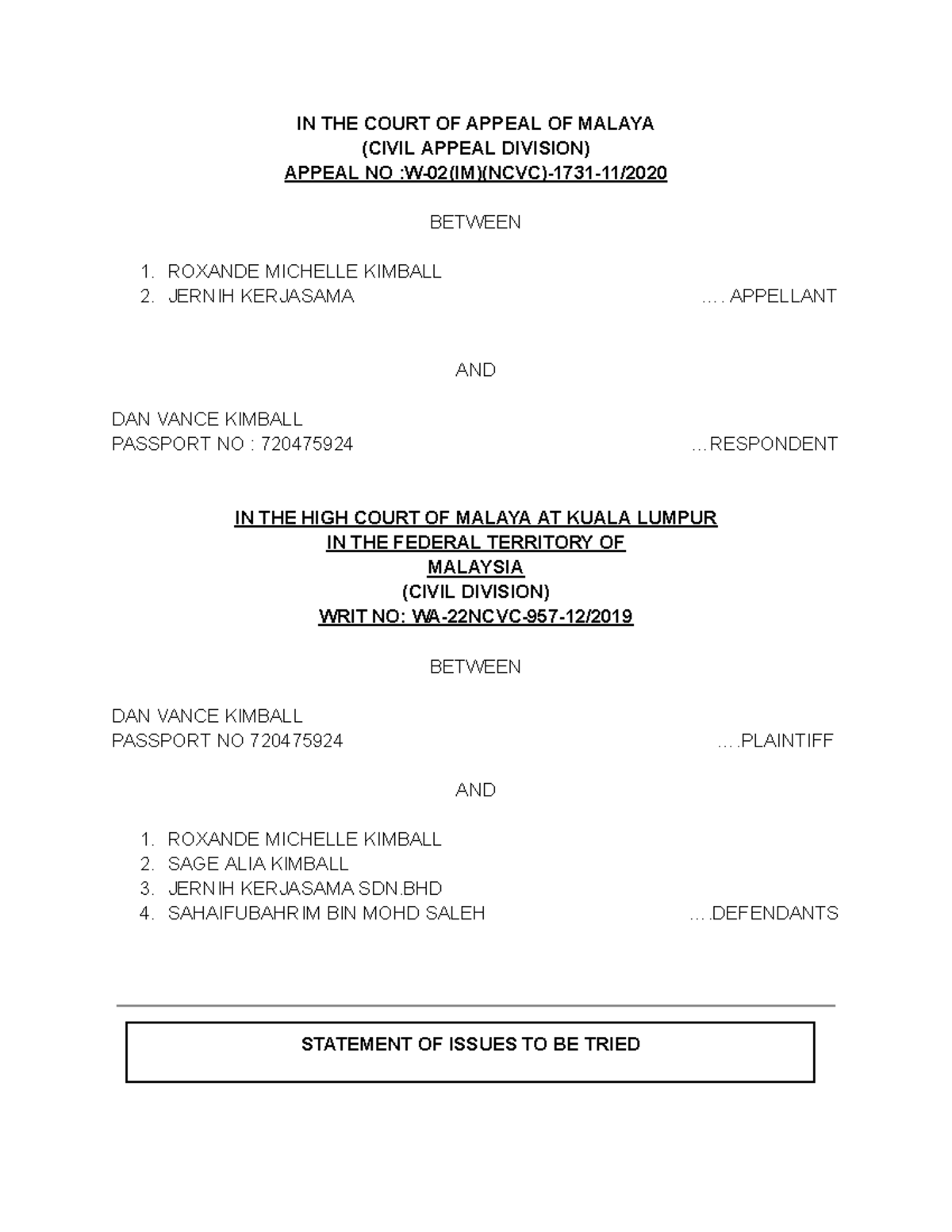 Example Disputed Issues - IN THE COURT OF APPEAL OF MALAYA (CIVIL ...