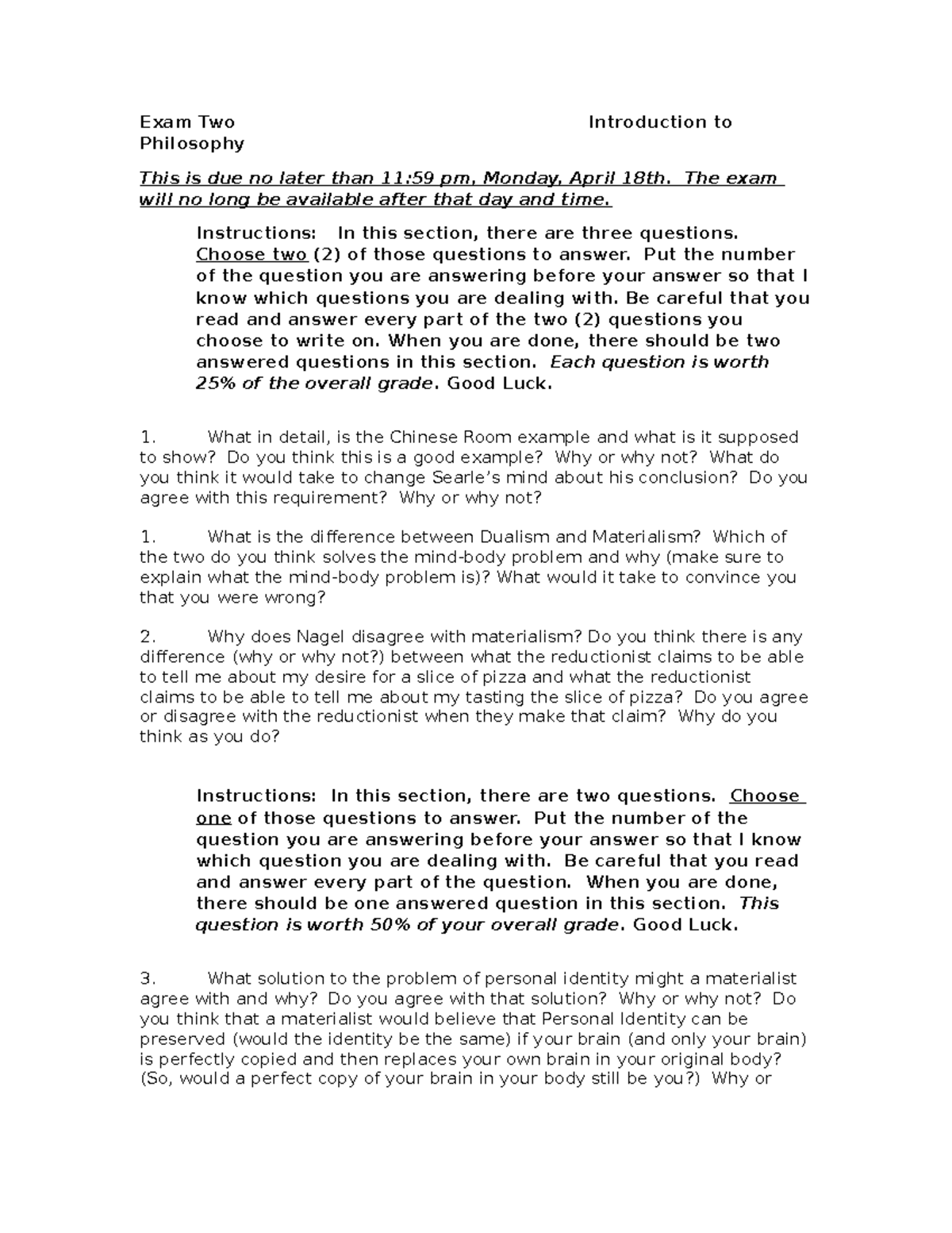 Exam 2 Online Version - Exam Two Introduction to Philosophy This is due ...