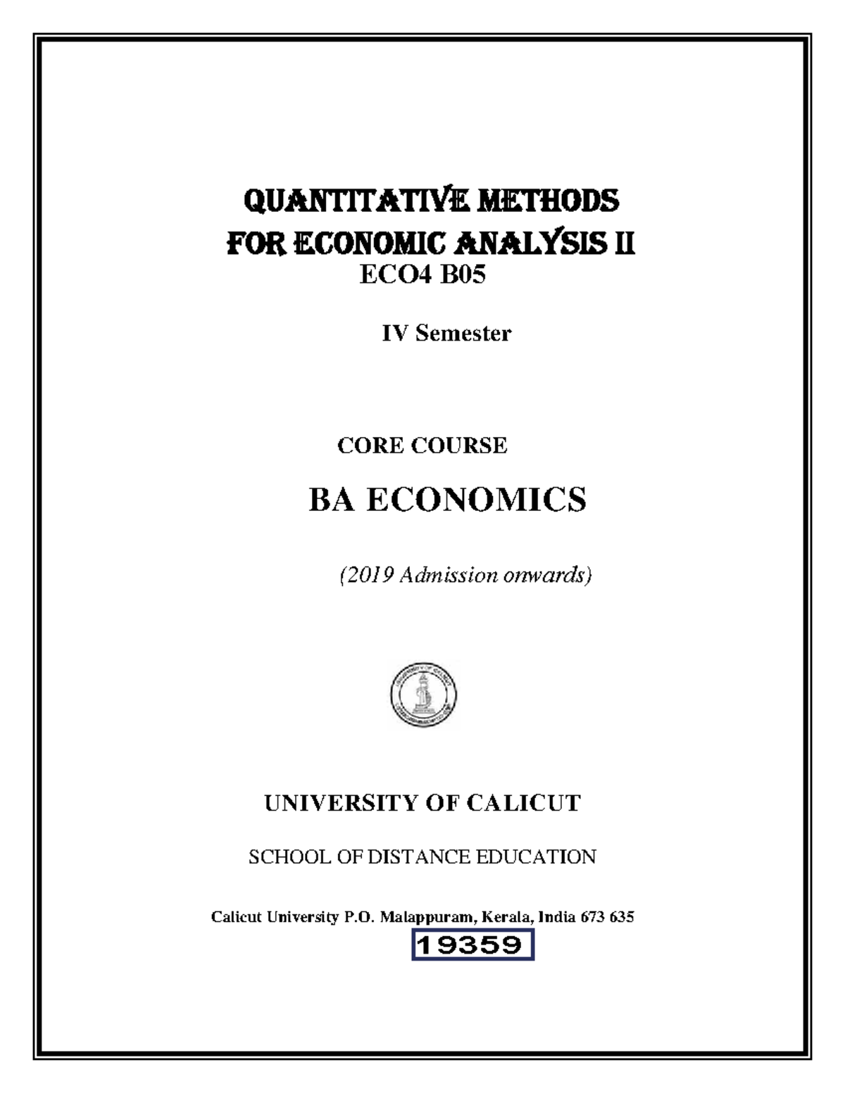 Quantitative Methods FOR Economic Analysis II 0 - QUANTITATIVE METHODS ...