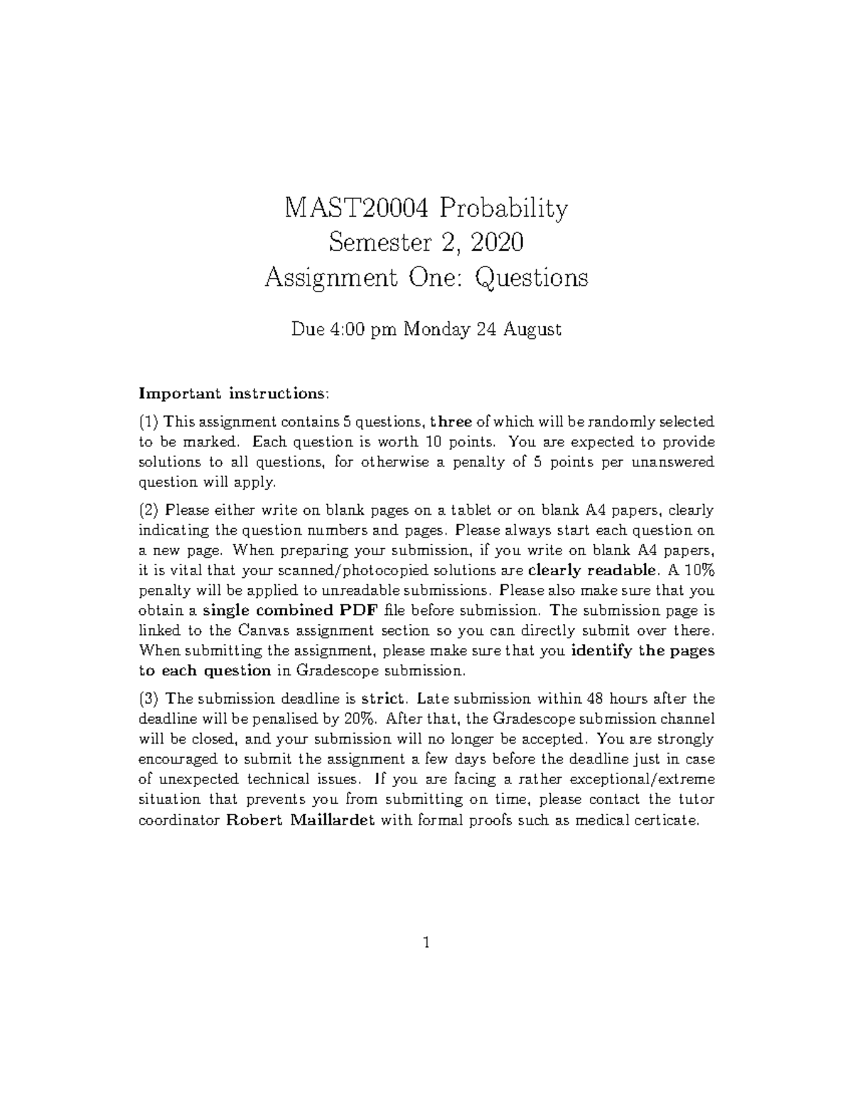 2020 SEM 2 ASSIGNMENT 1 - MAST20004 Probability Semester 2, 2020 ...