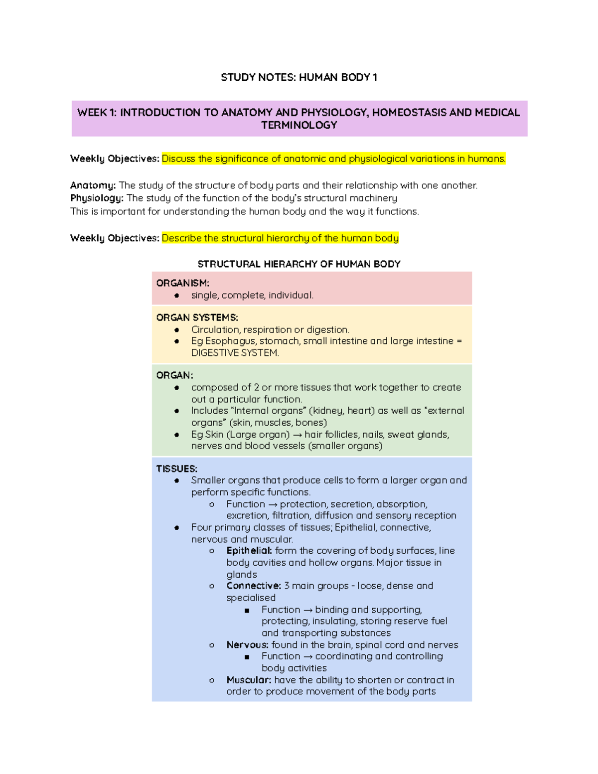 Human Body 1 Study Notes - STUDY NOTES: HUMAN BODY 1 WEEK 1 ...