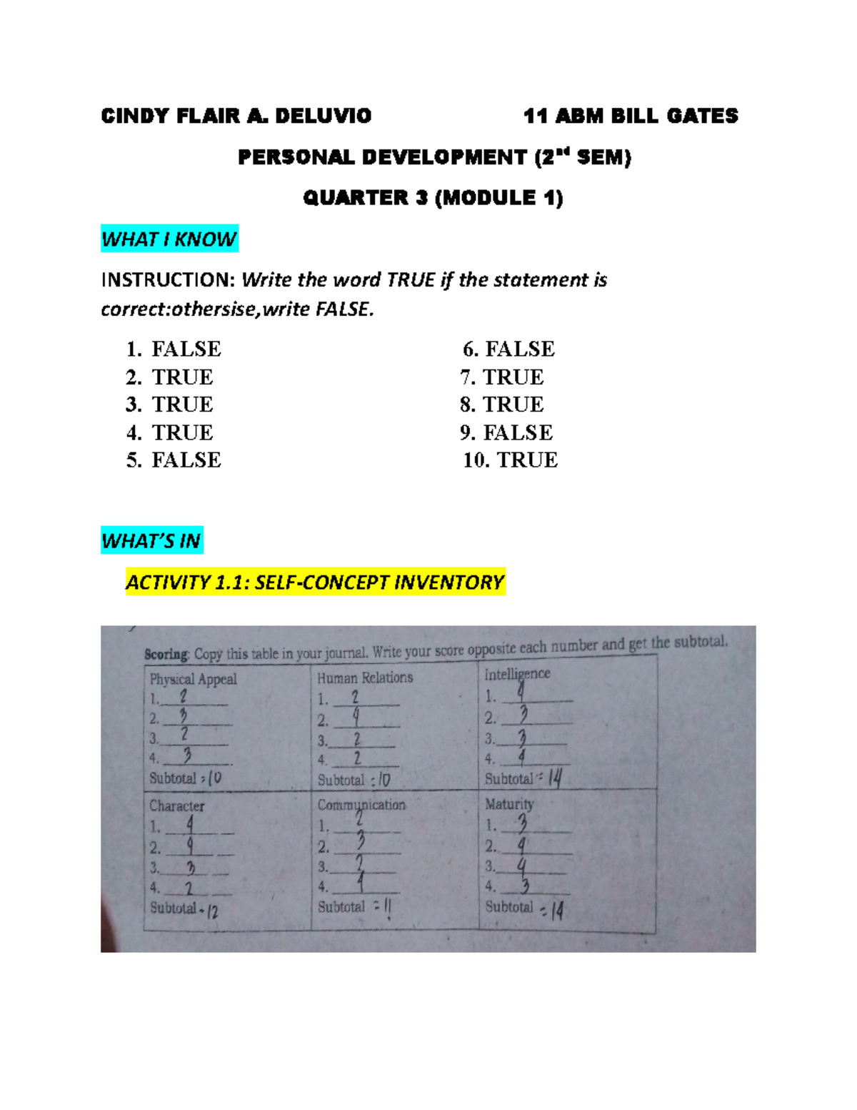 Personal Development Module 1 - CINDY FLAIR A. DELUVIO 11 ABM BILL ...