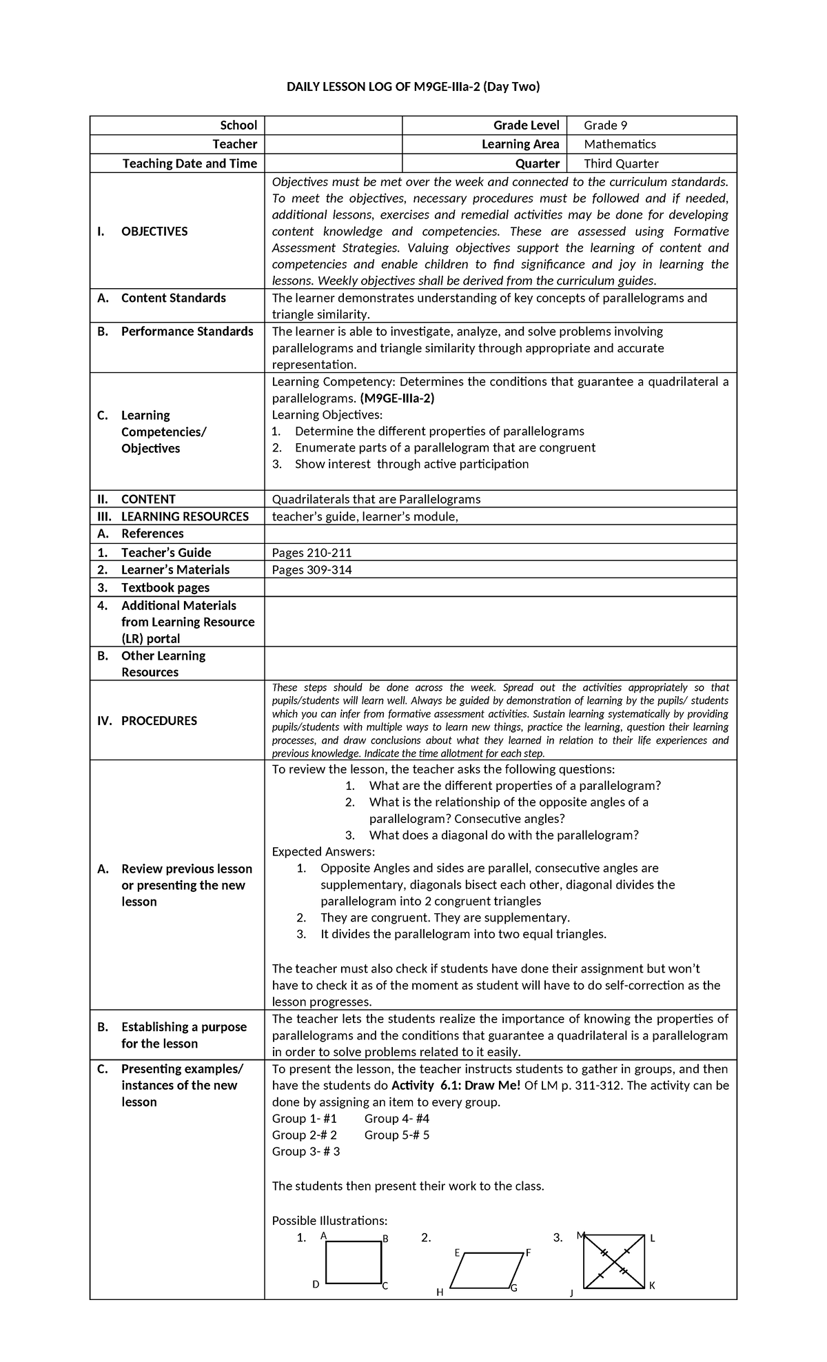 MATH G9 III-Day 3 - day 3 - DAILY LESSON LOG OF M9GE-IIIa-2 (Day Two ...