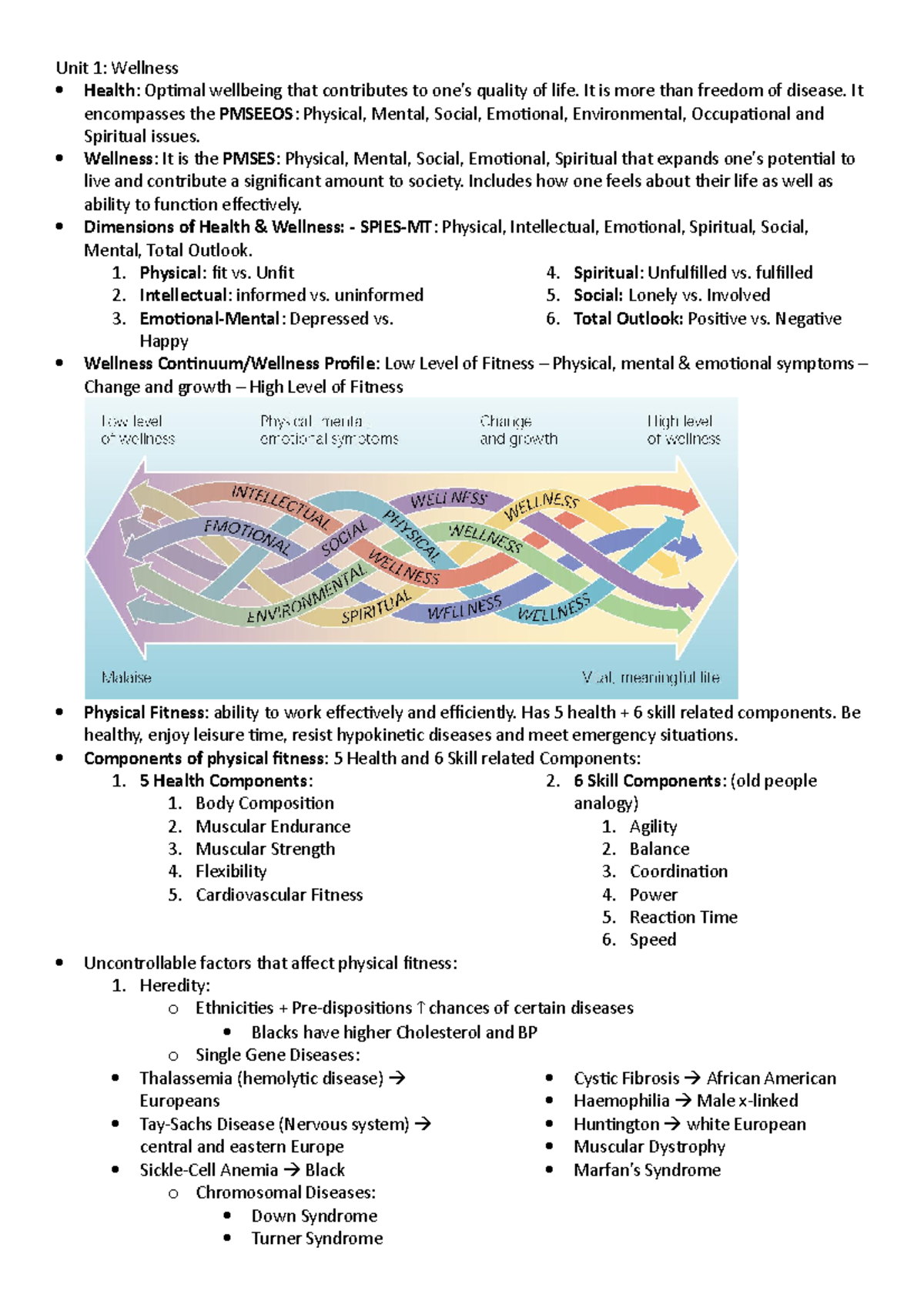 Kin 103 summary - Unit 1: Wellness Health: Optimal wellbeing that ...