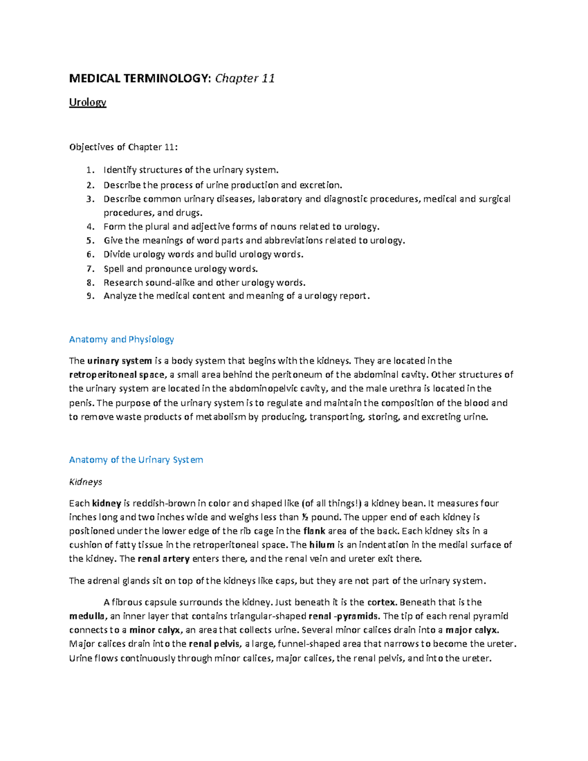 MED TERM Chapter 11 - Lecture notes Urology - MEDICAL TERMINOLOGY ...