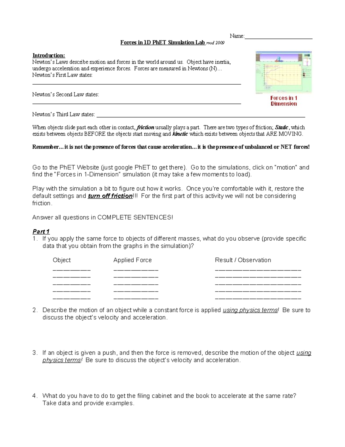 Virtual Lab-Forces - 1 and 2 - Name:________________________ Forces in ...