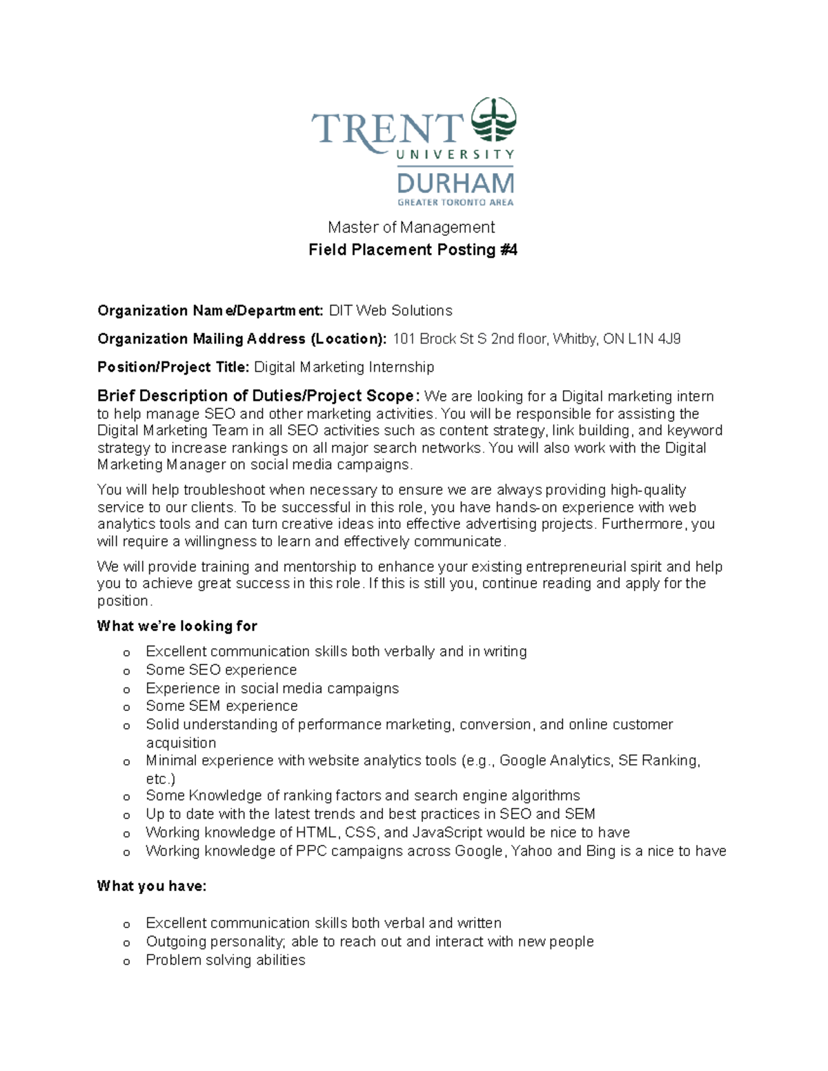 Field Placement Posting #4 - Digital Marketing Internship (DIT Web ...