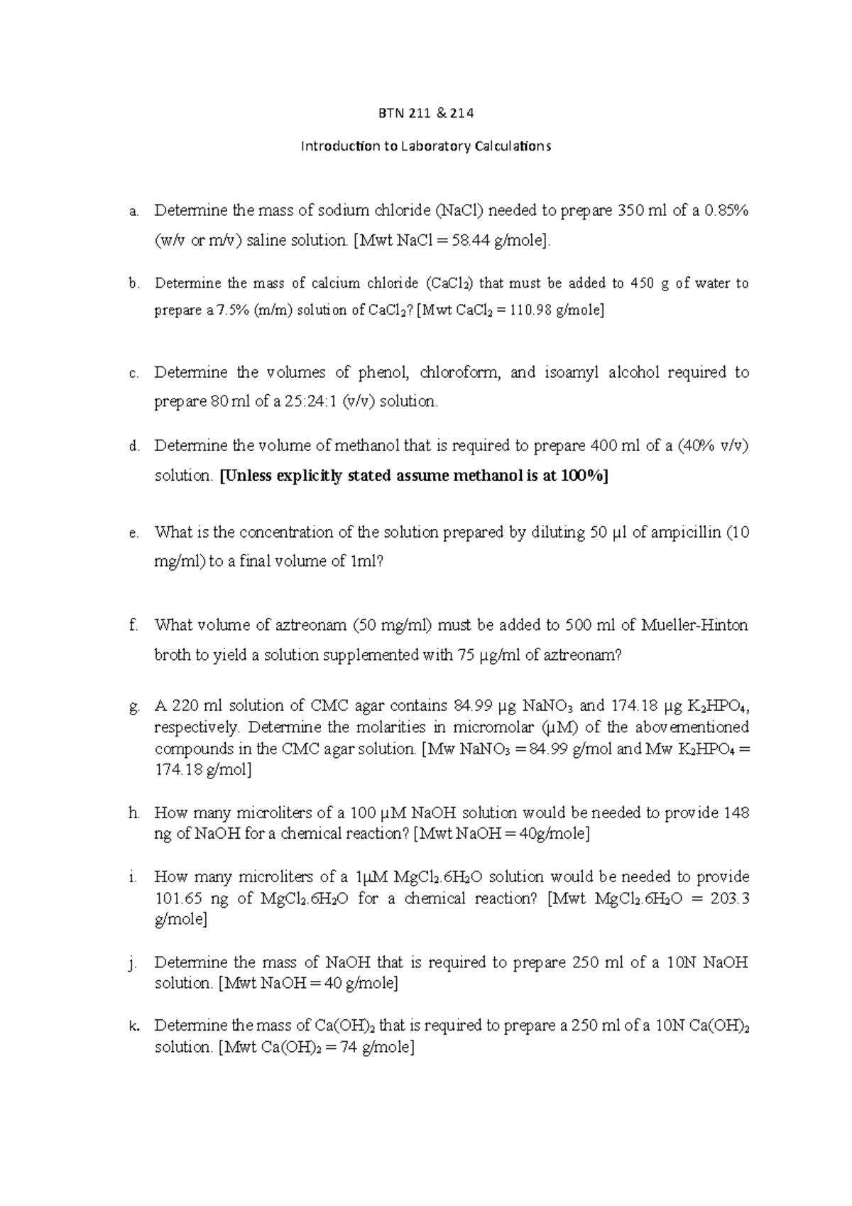 Laboratory Calculations BIOTECHNOLOGY 211 PRACTICAL EXERCISE FOR 2022 ...