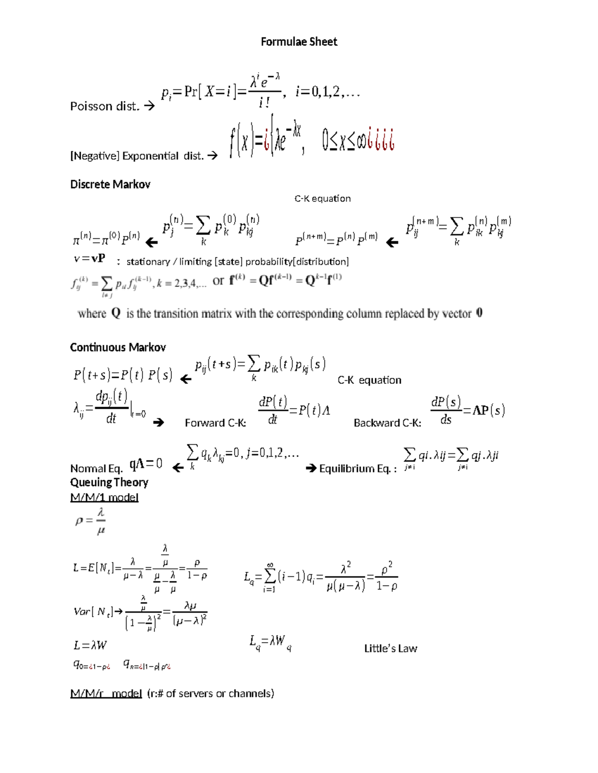 Formula Sheet - Formulae Sheet Poisson dist. pi=Pr [ X=i ]= λ i e − λ i ...
