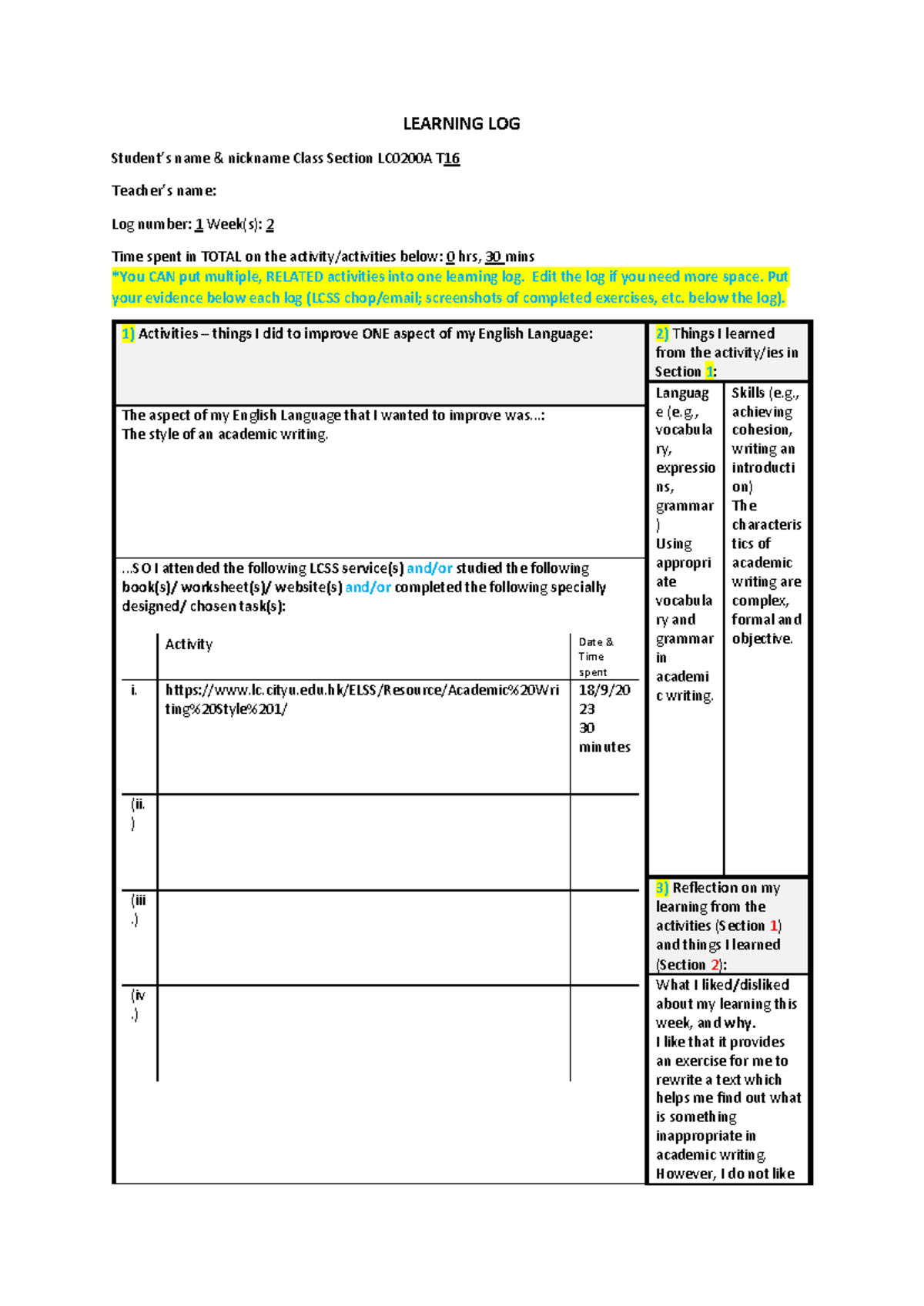Academic writing 1 - Learning log - LEARNING LOG Student’s name ...