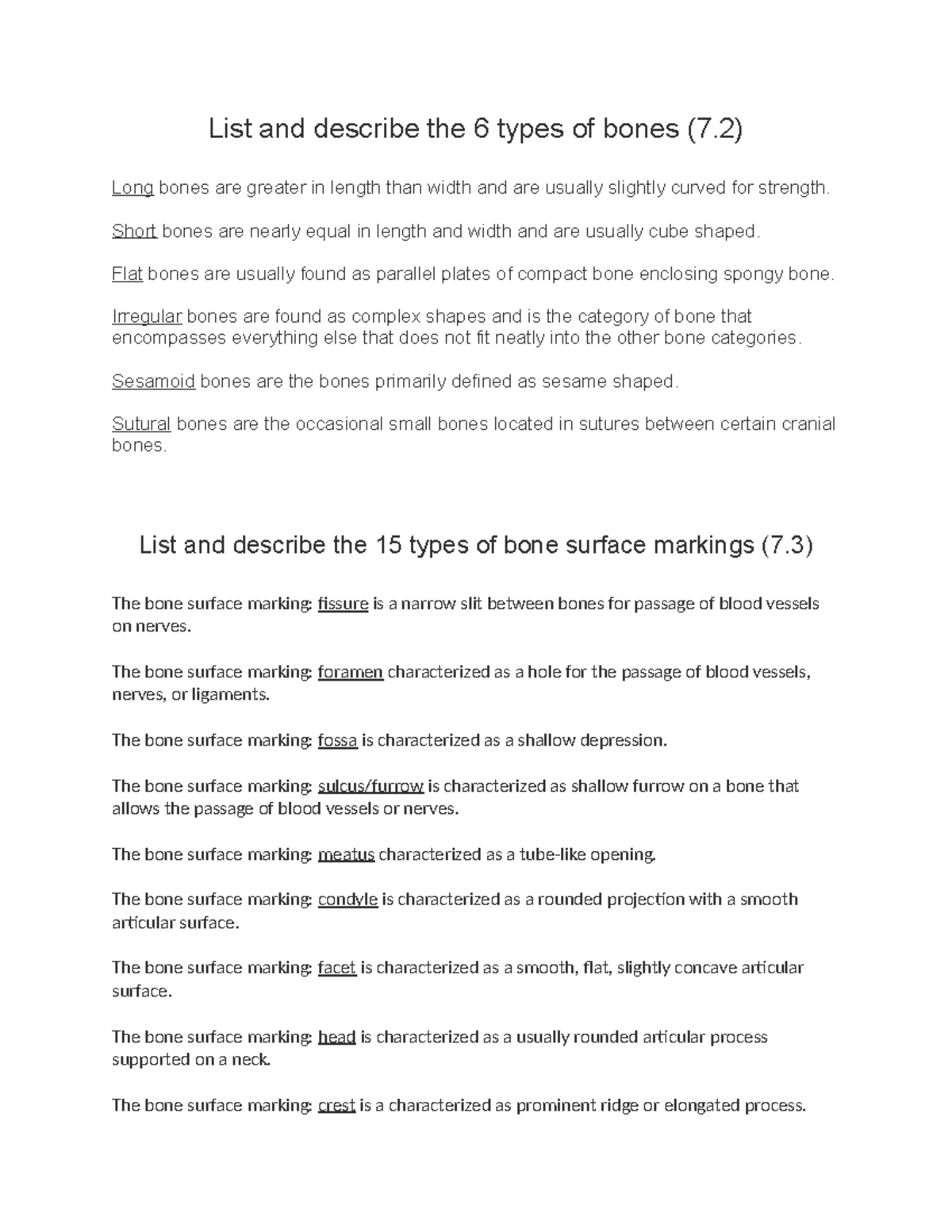 Chapter 7 Axial Skeleton - List and describe the 6 types of bones (7 ...