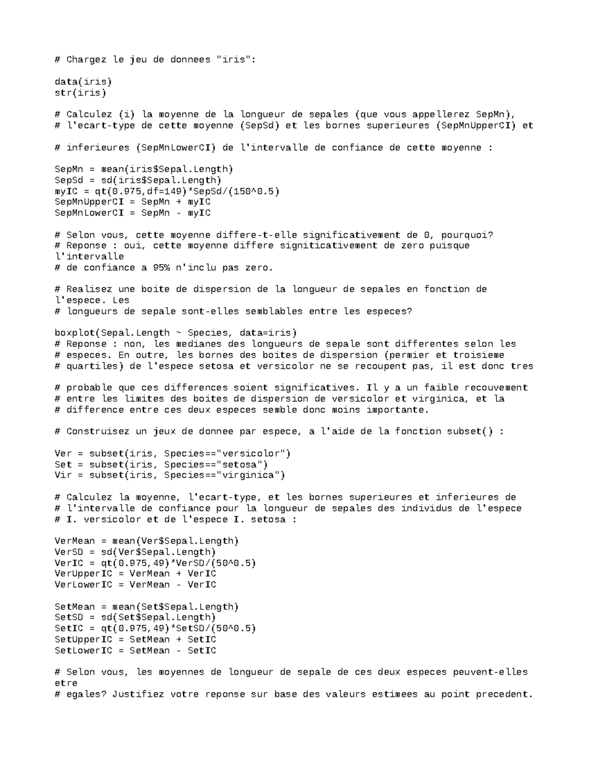 TP2 Correction 2021 22 - Chargez le jeu de donnees "iris": data(iris) str(iris) Calculez - Studocu
