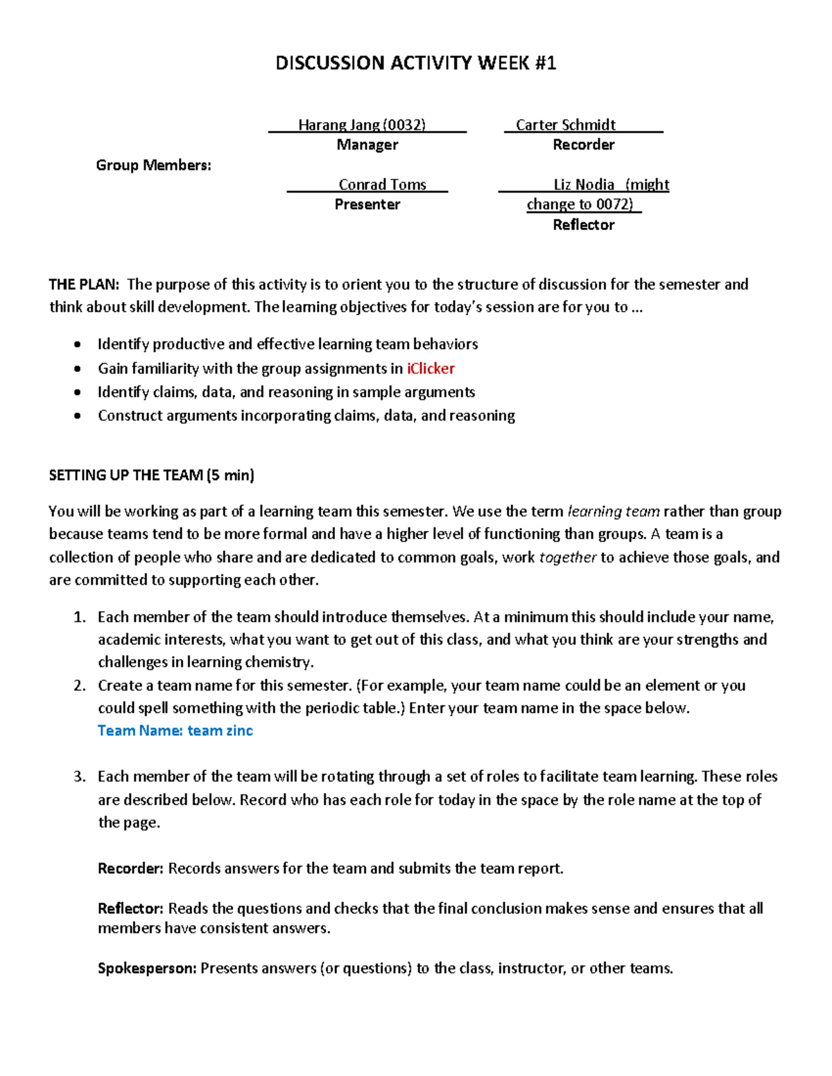 Discussion Worksheet Week 1 CHEM 1120 - DISCUSSION ACTIVITY WEEK Group ...