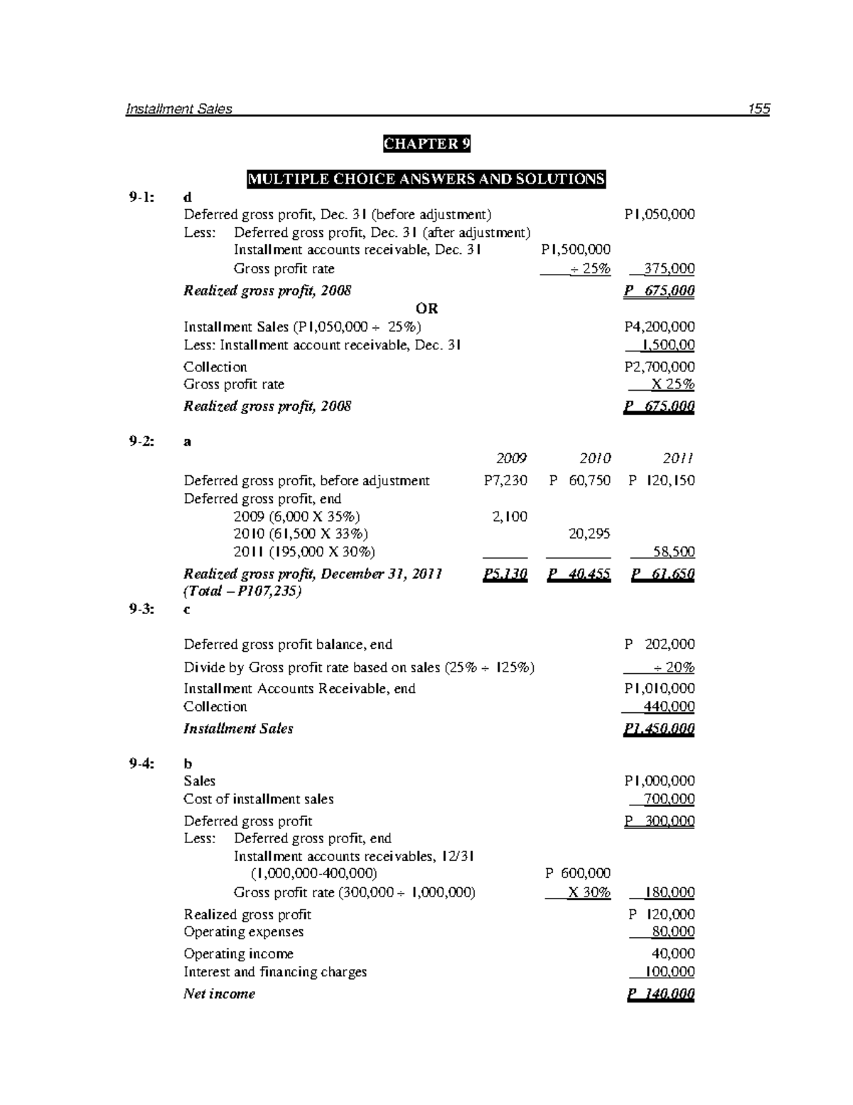 Chapter-9 - SAMPLE PROBLEMS - Installment Sales 155 CHAPTER 9 MULTIPLE CHOICE ANSWERS AND ...