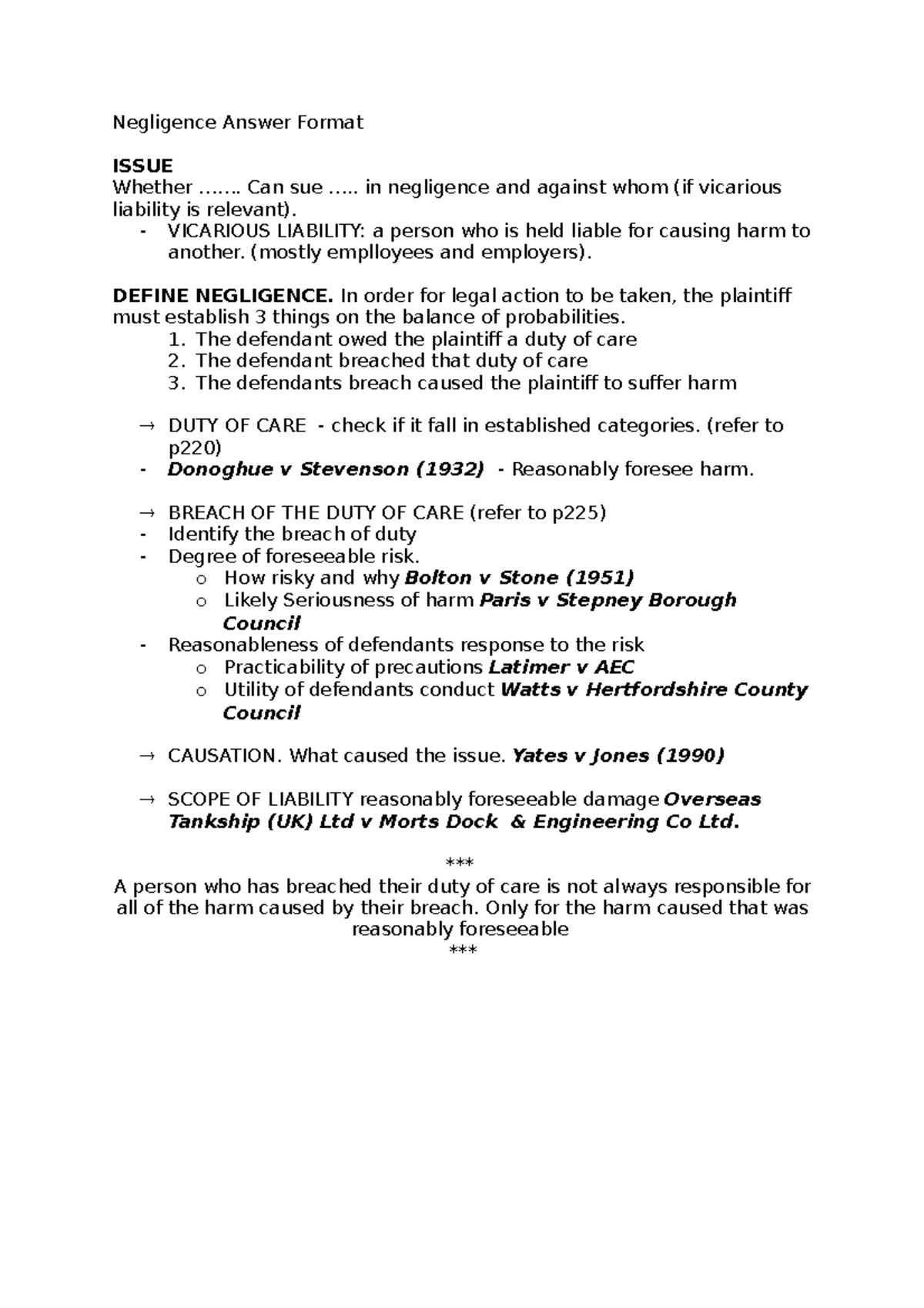 Negligence Answer Format - VICARIOUS LIABILITY: a person who is held ...