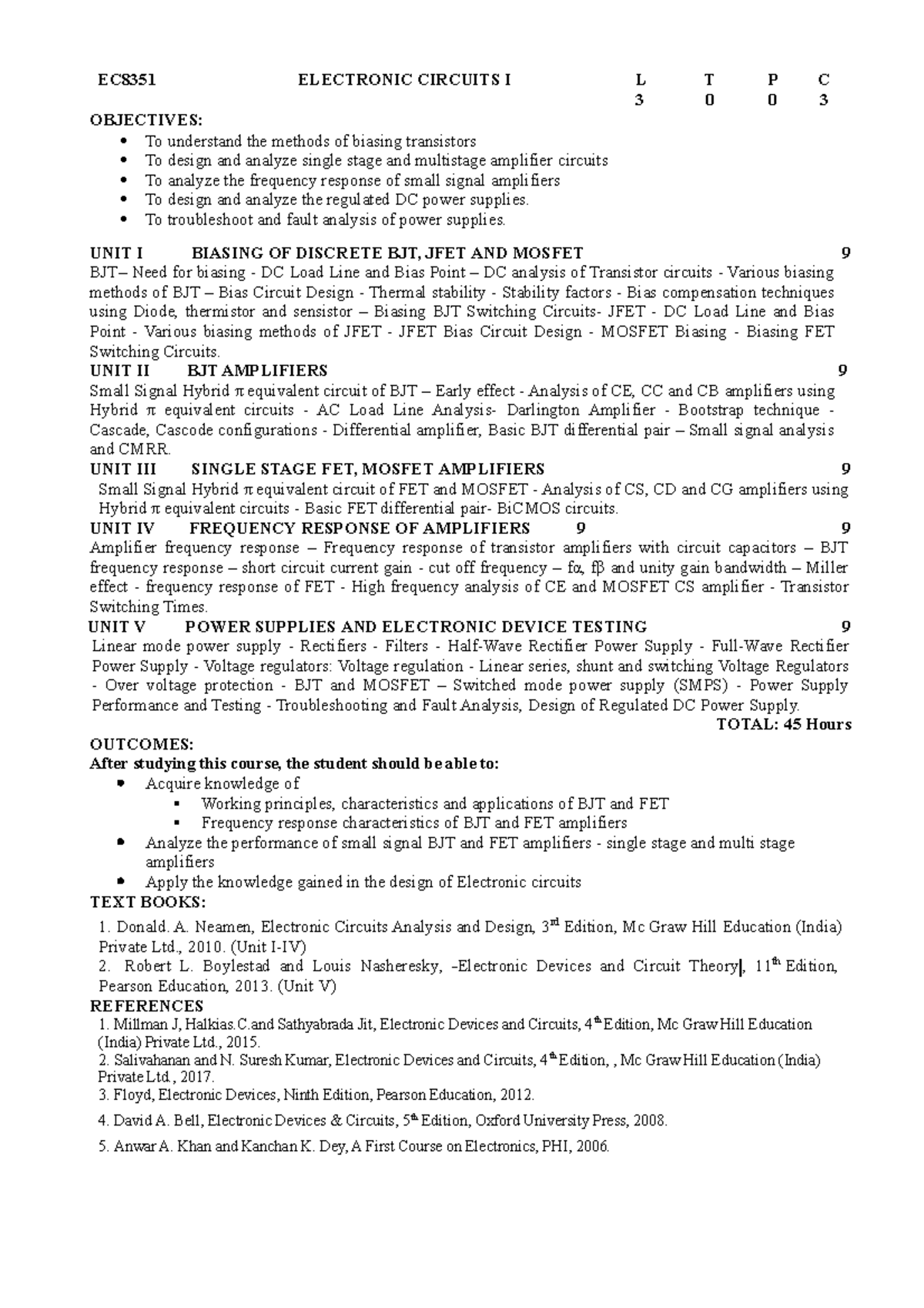 EC8351 - qdf - EC8351 ELECTRONIC CIRCUITS I L T P C 3 0 0 3 OBJECTIVES ...