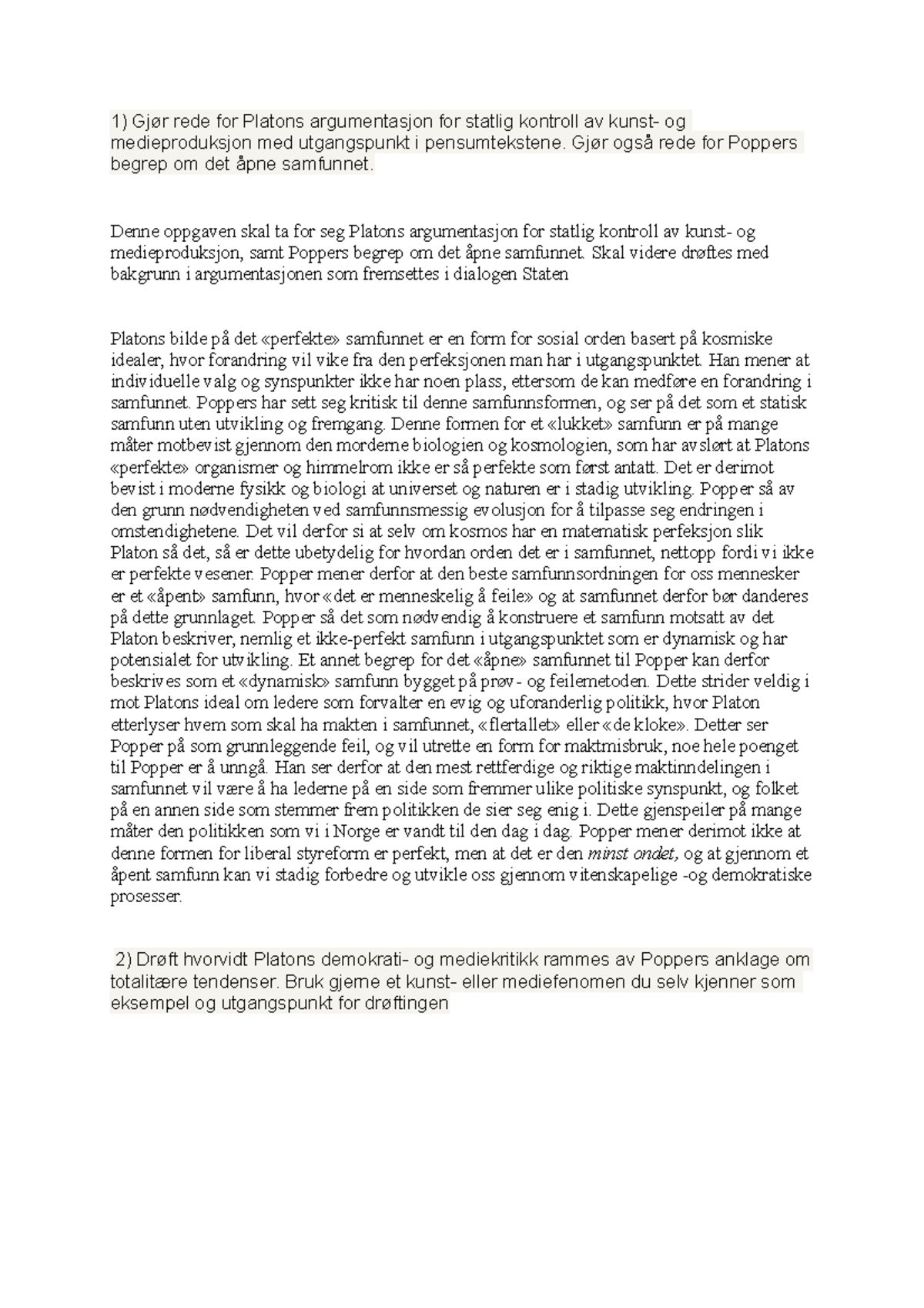 Øvingsoppgave Exphil utkast 1 - Gjør rede for Platons argumentasjon for statlig kontroll av ...