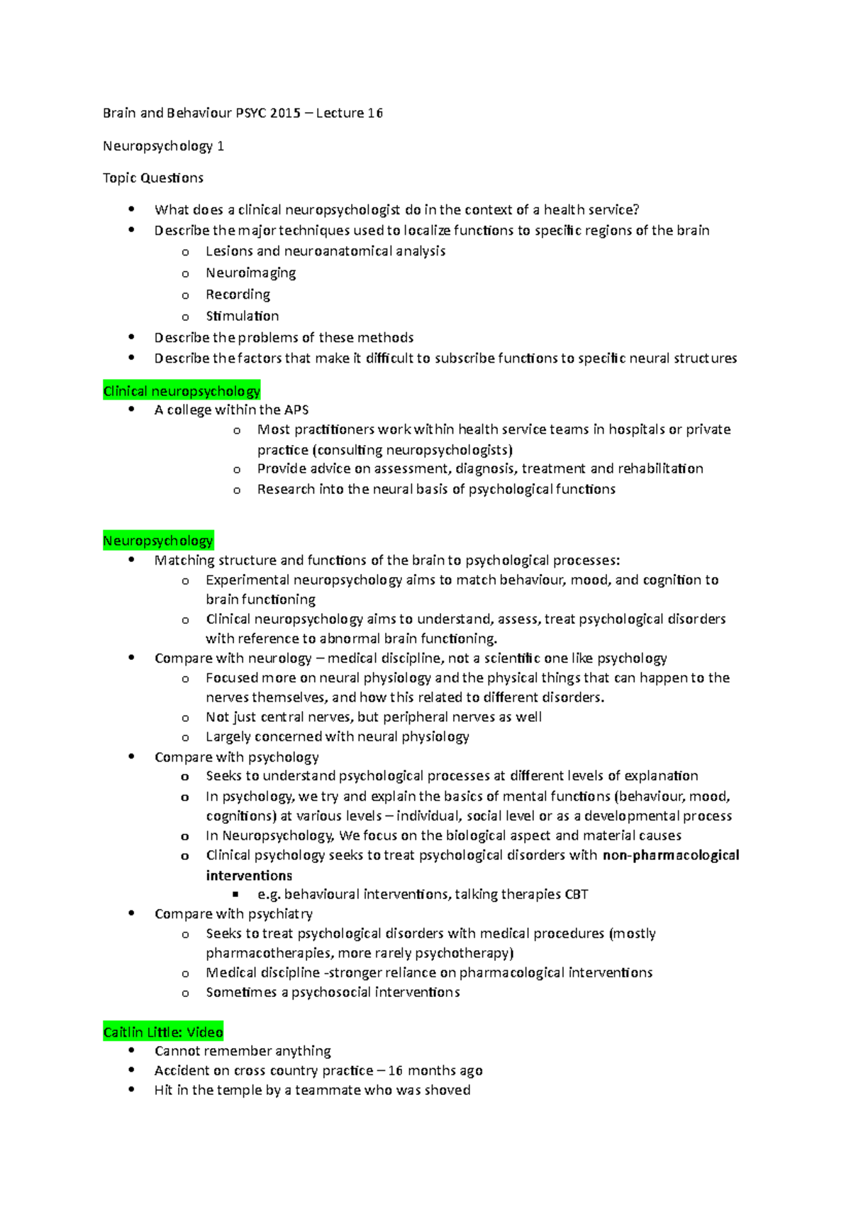 2015 Lecture 16 Neuropsychology 1 - Brain and Behaviour PSYC 2015 – Lecture 16 Neuropsychology 1 ...